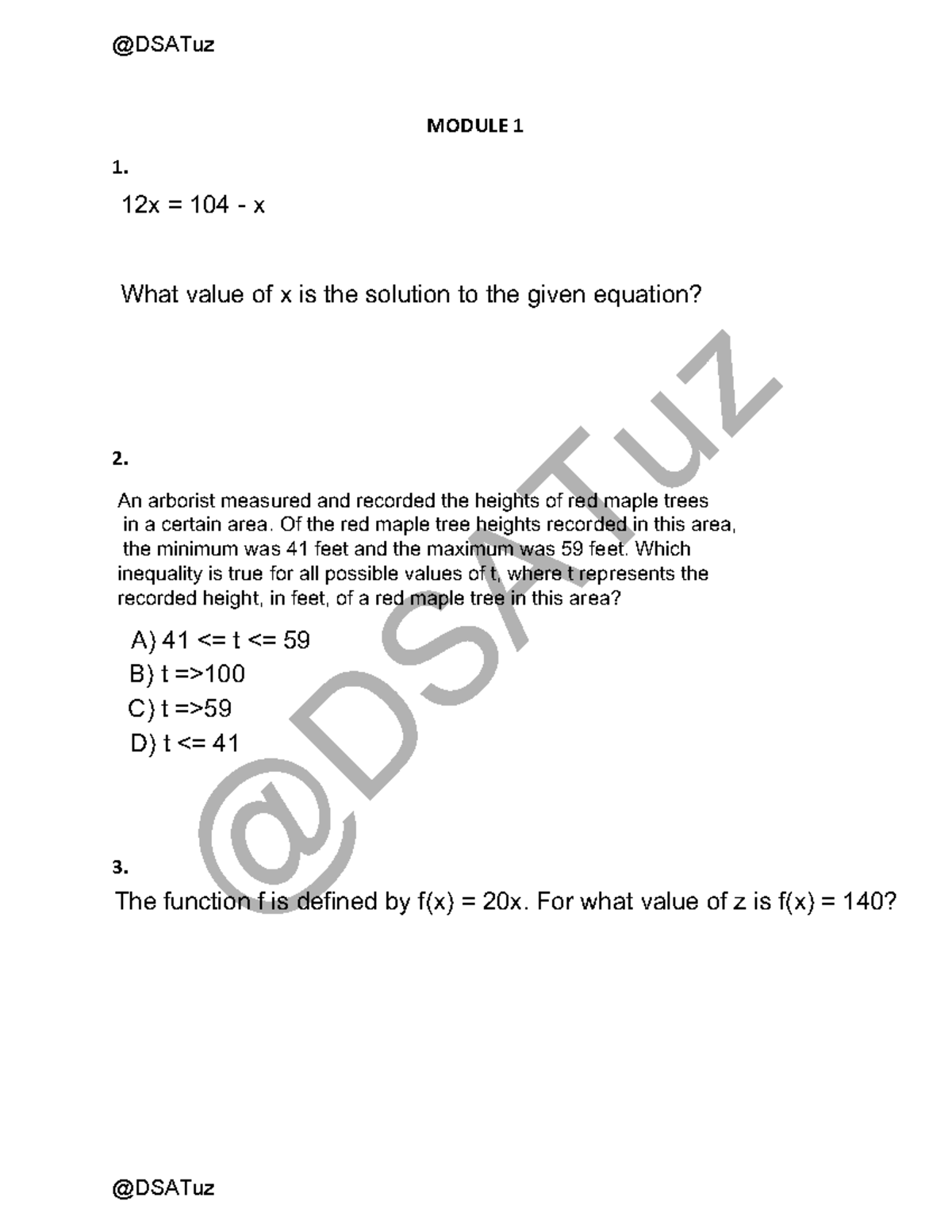 DSAT MATH REAL EXAM Review Questions @DSATuz - Studocu