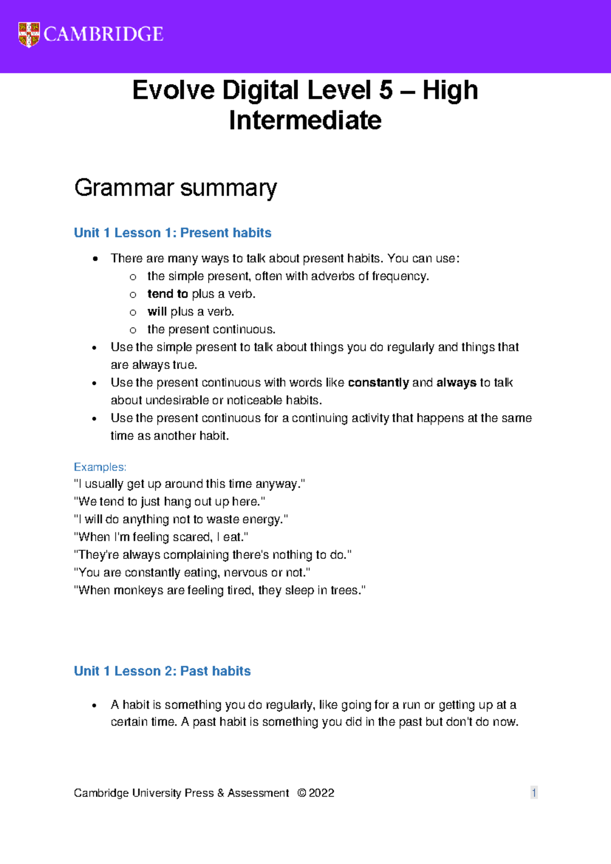 Evolve Digital Level 5: Unit 1 - High Intermediate Grammar Summary - Studocu