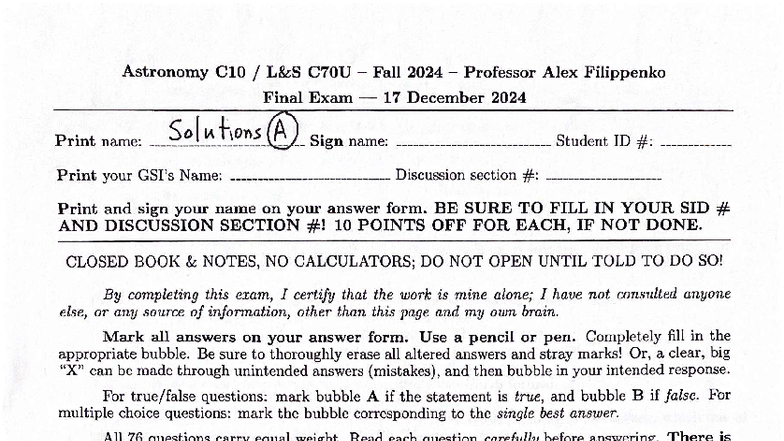 Astro C10 Final Exam Solutions - Fall 2024 - Studocu