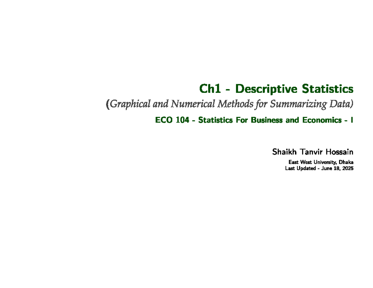 Ch1 Descriptive Statistics: Graphical & Numerical Methods ECO 104 - Studocu
