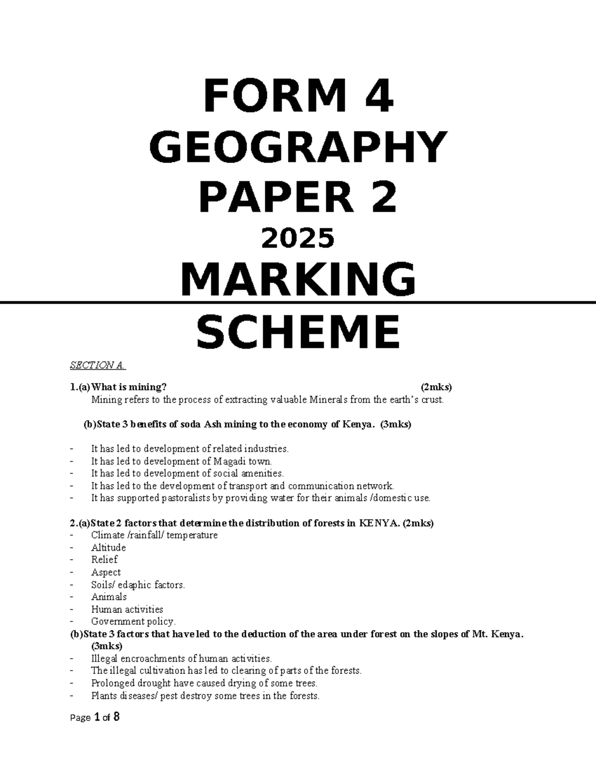 Geography PP2 SCH - 2025 Marking Scheme & Sample Questions - Studocu