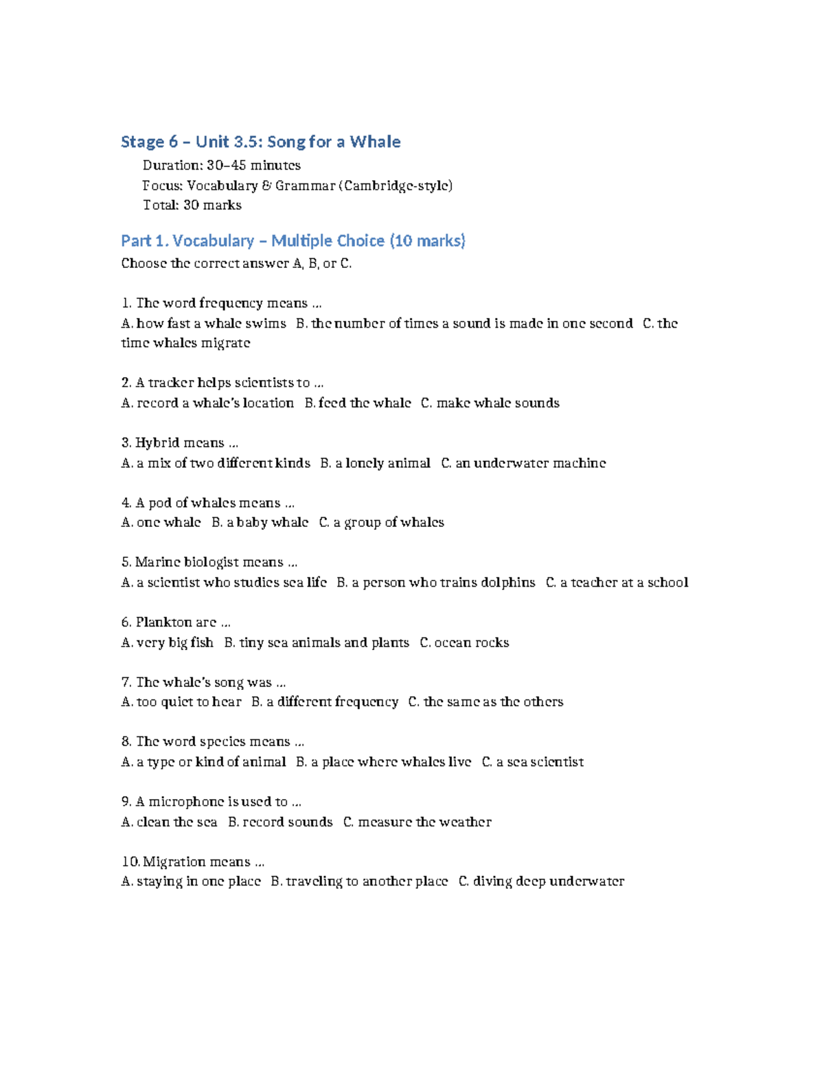 Stage 6 Unit 3.5: Song for a Whale Vocab & Grammar Test - Studocu