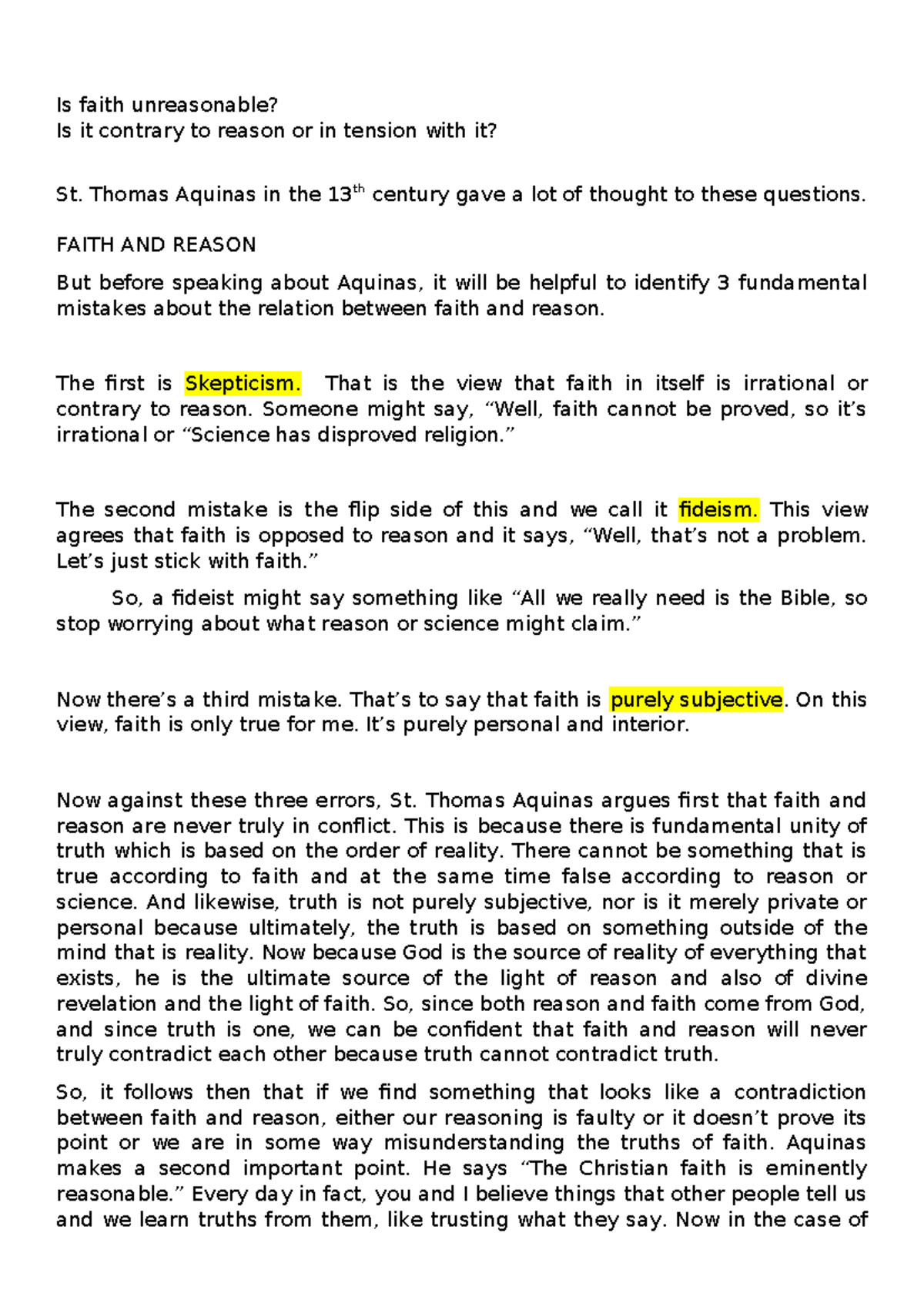 FAITH AND REASON: Examining Aquinas' Insights on Belief and Logic - Studocu