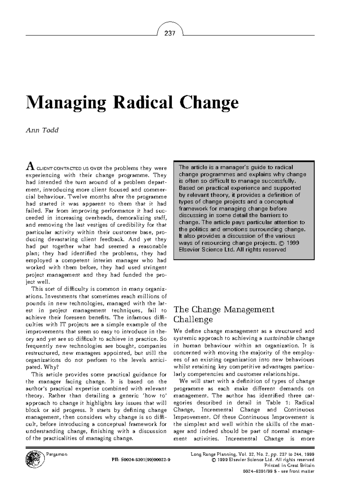 Managing Radical Change: Insights and Strategies (237) - Studocu