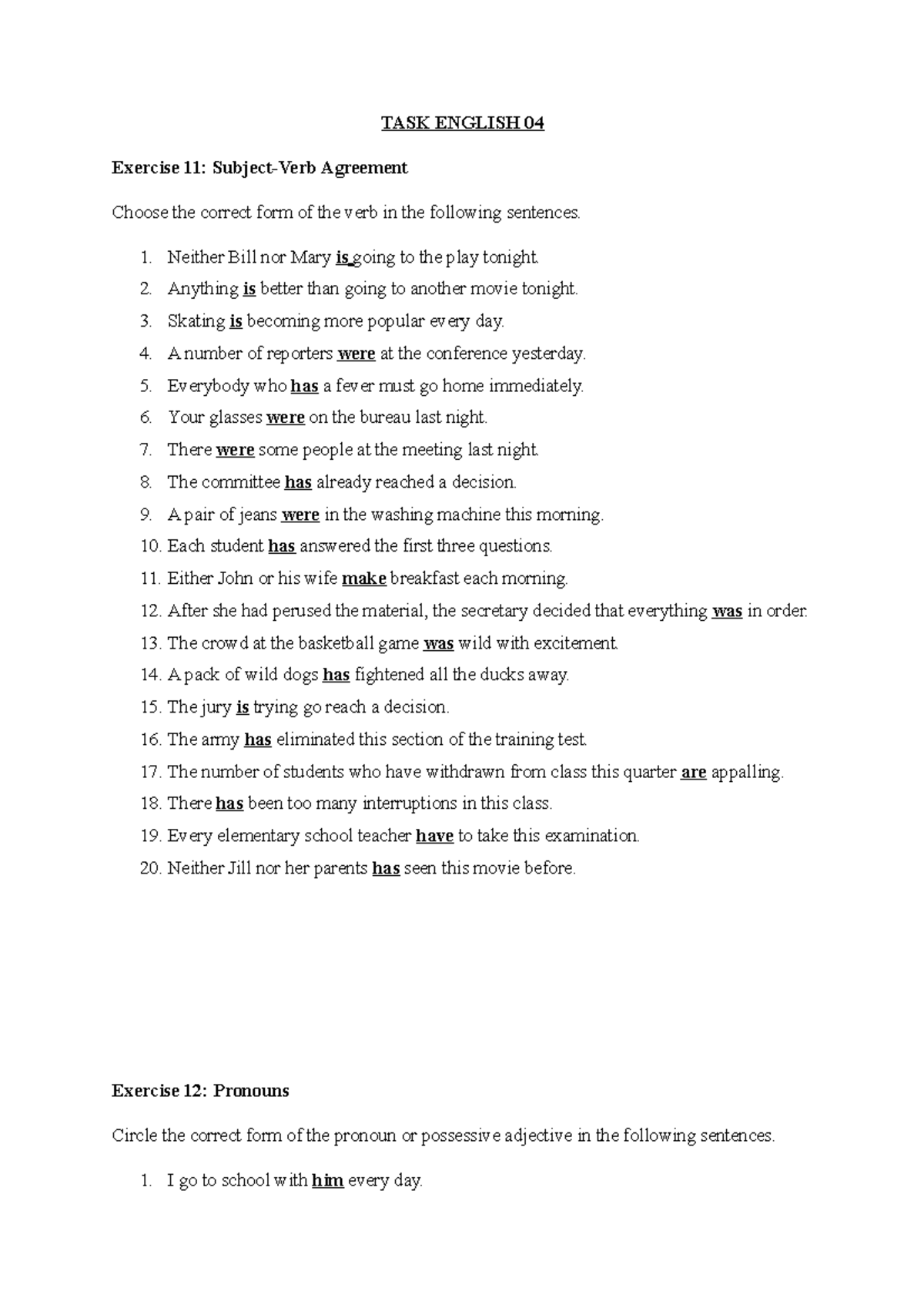 TASK English 04: Subject-Verb Agreement Exercises and More - Studocu