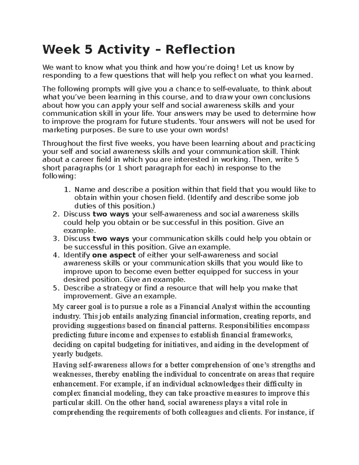 Week 5 Reflection Activity: Self & Social Awareness Skills - Studocu