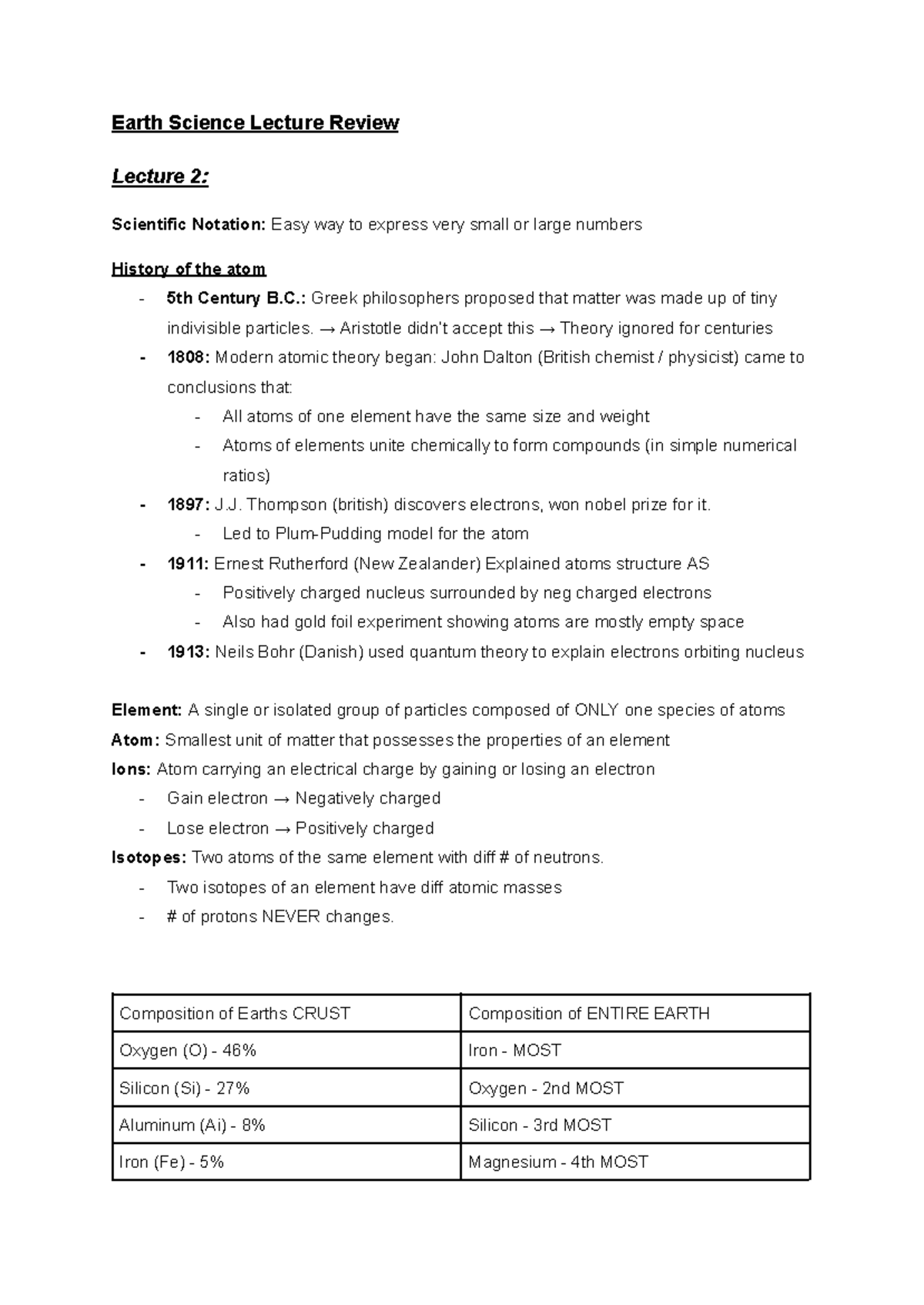 Earth Science Final Review: Key Concepts from Lectures 2-11 - Studocu