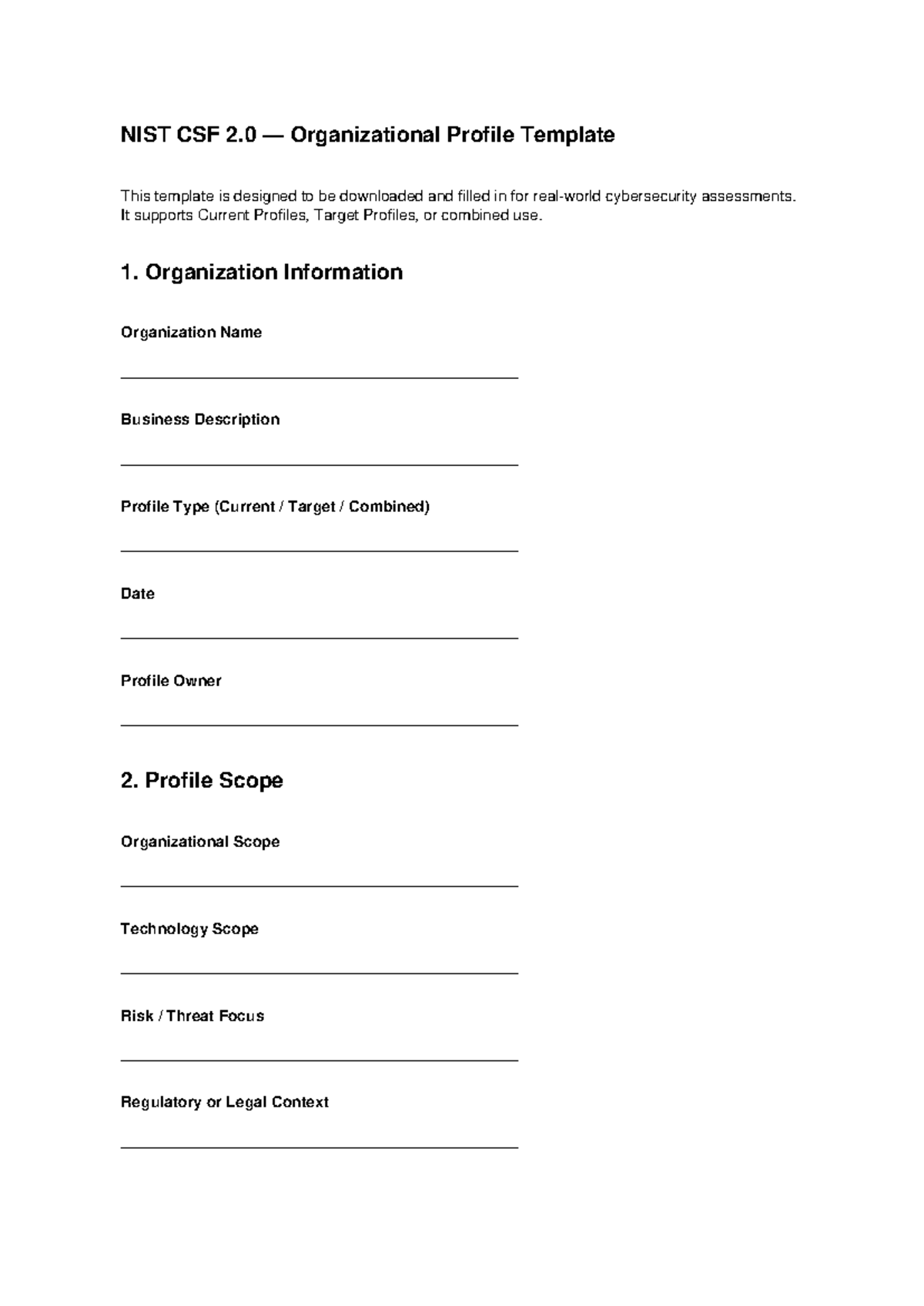 NIST CSF 2.0 Organizational Profile Template for Cyber Assessments ...