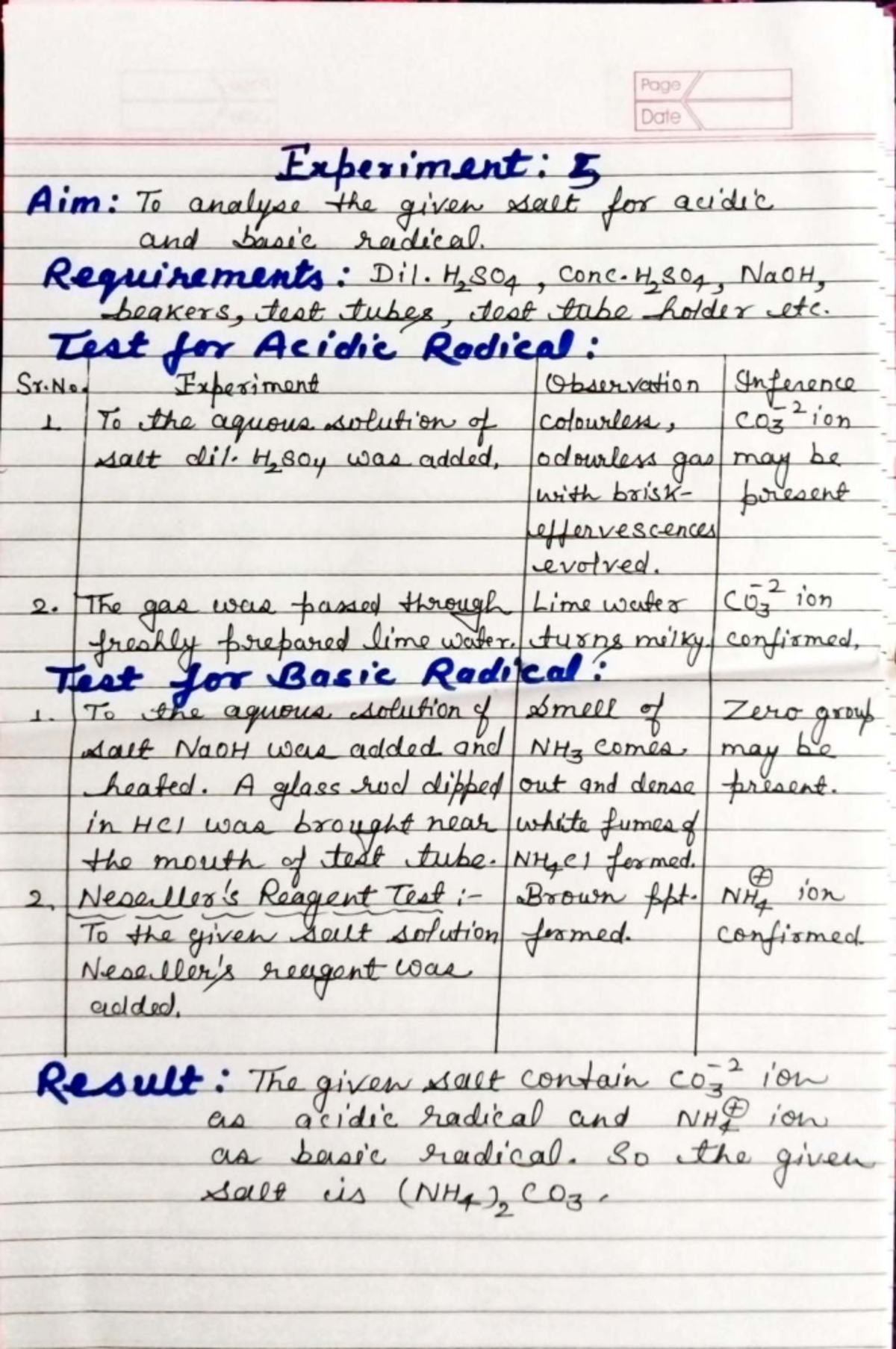 Practical 5 - Analysis of Acidic and Basic Radicals in Salts - Studocu