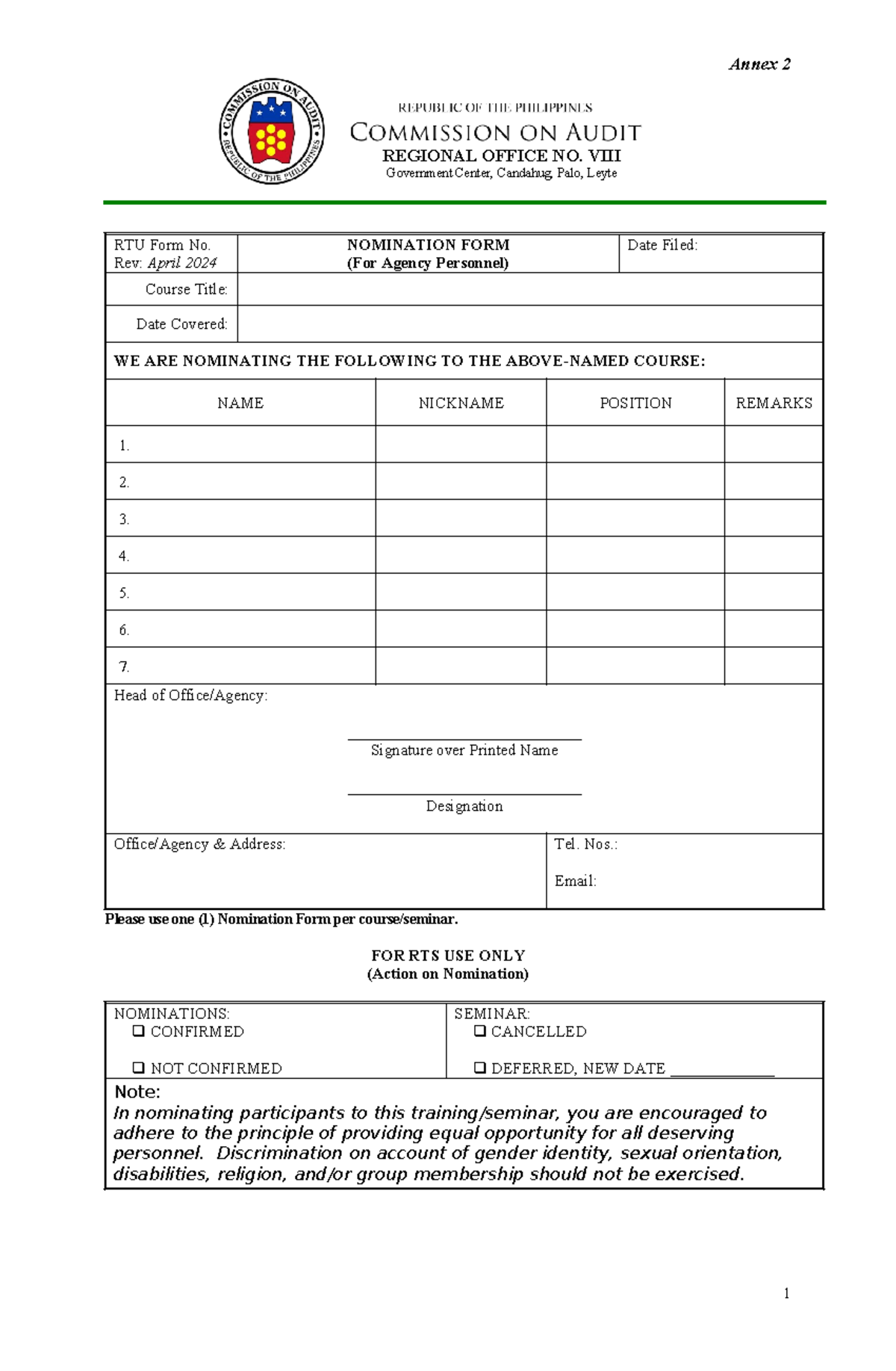 Agency Nomination Form - Regional Office No. VIII 2024 - Studocu
