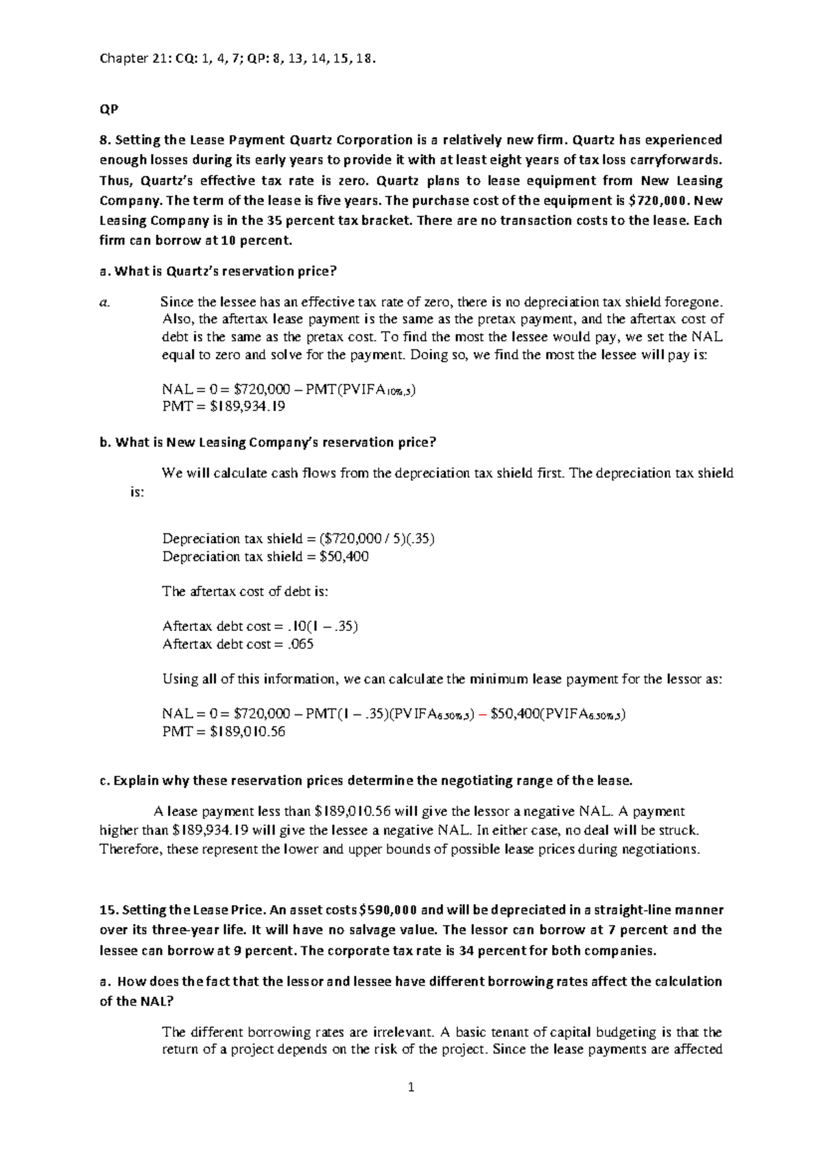 FIN322 Tutorial 7 Lease Payment Solutions and Analysis - Studocu