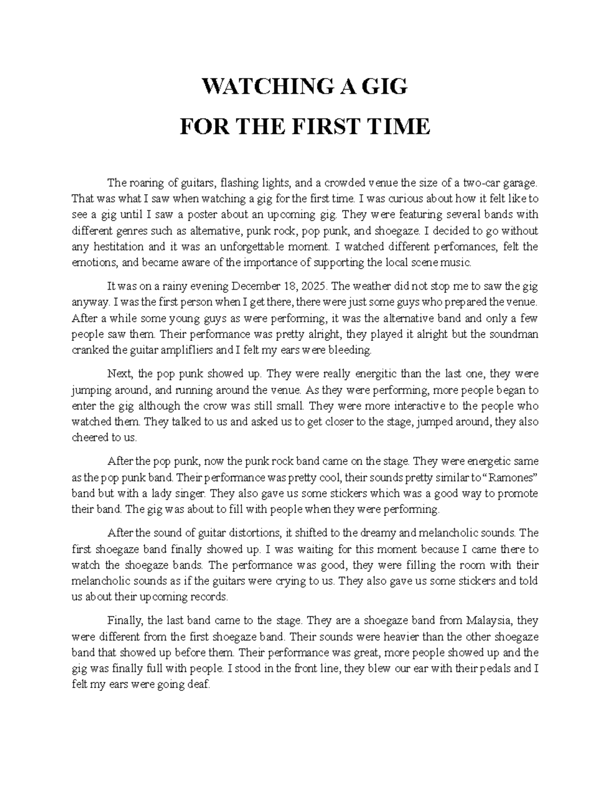 WATCHING A GIG FOR THE FIRST TIME: A Narrative Essay Example - Studocu