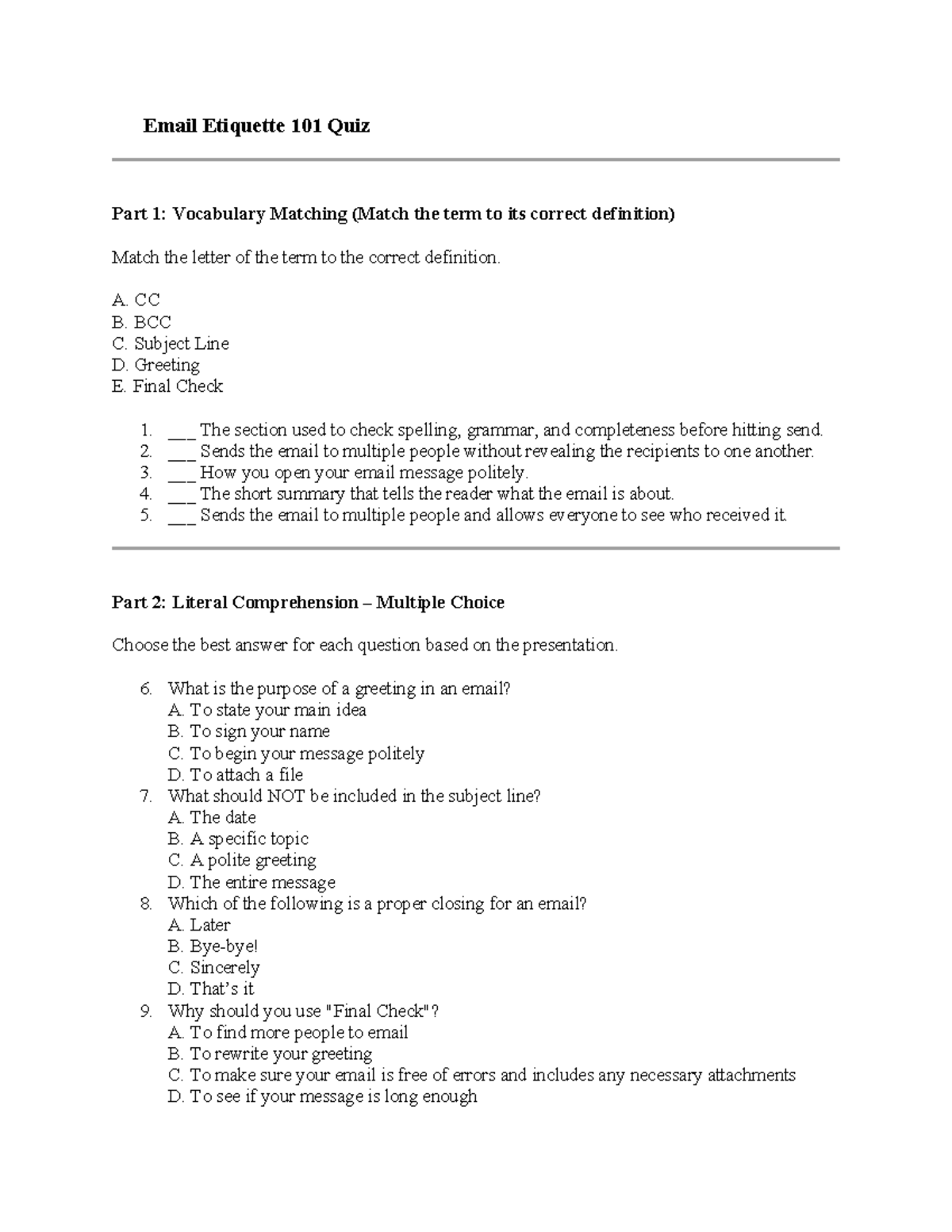 Email Etiquette 101 Quiz (CC/Final Exam) - Vocabulary & Comprehension ...