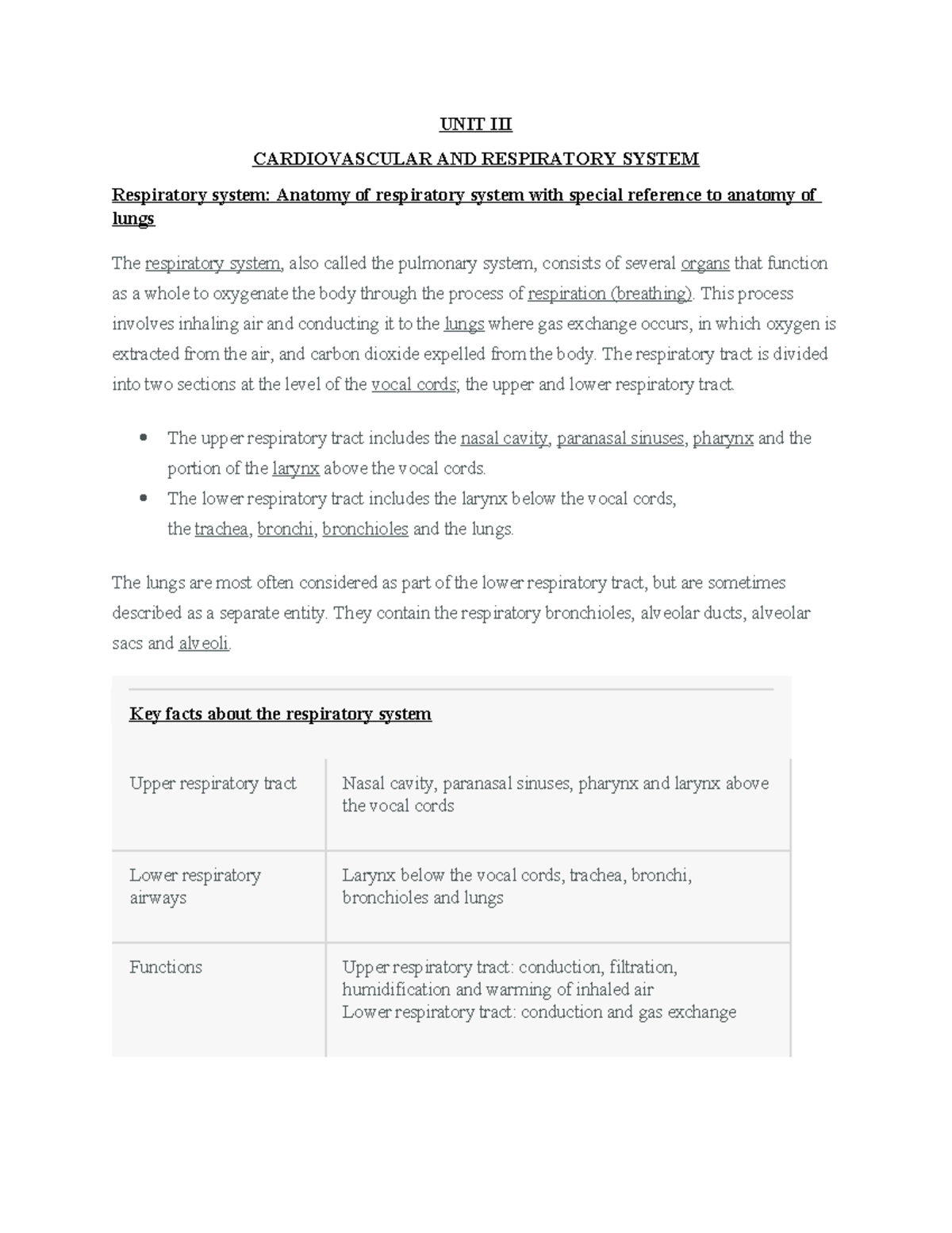 Unit 3-1: Lecture Notes on Cardiovascular & Respiratory Systems - Studocu