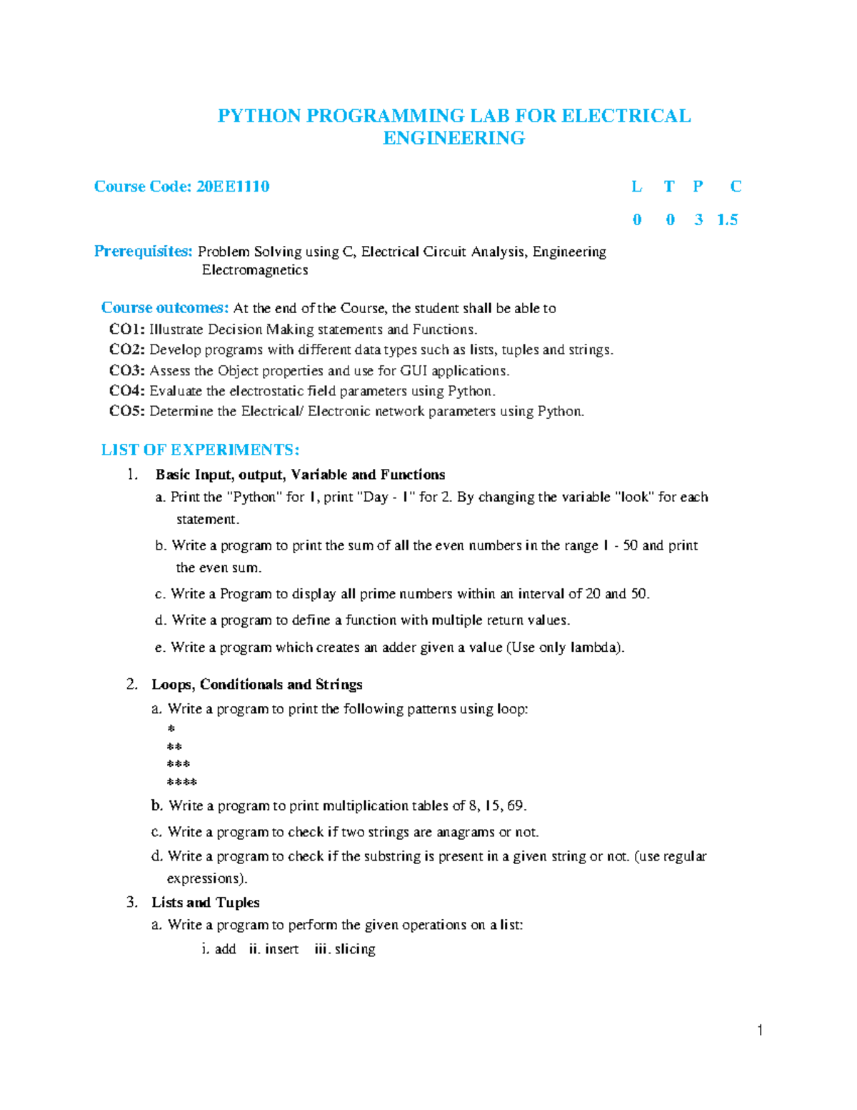 Python Programming LAB FOR Electrical Engineering - 1 PYTHON PROGRAMMING LAB FOR ELECTRICAL ...