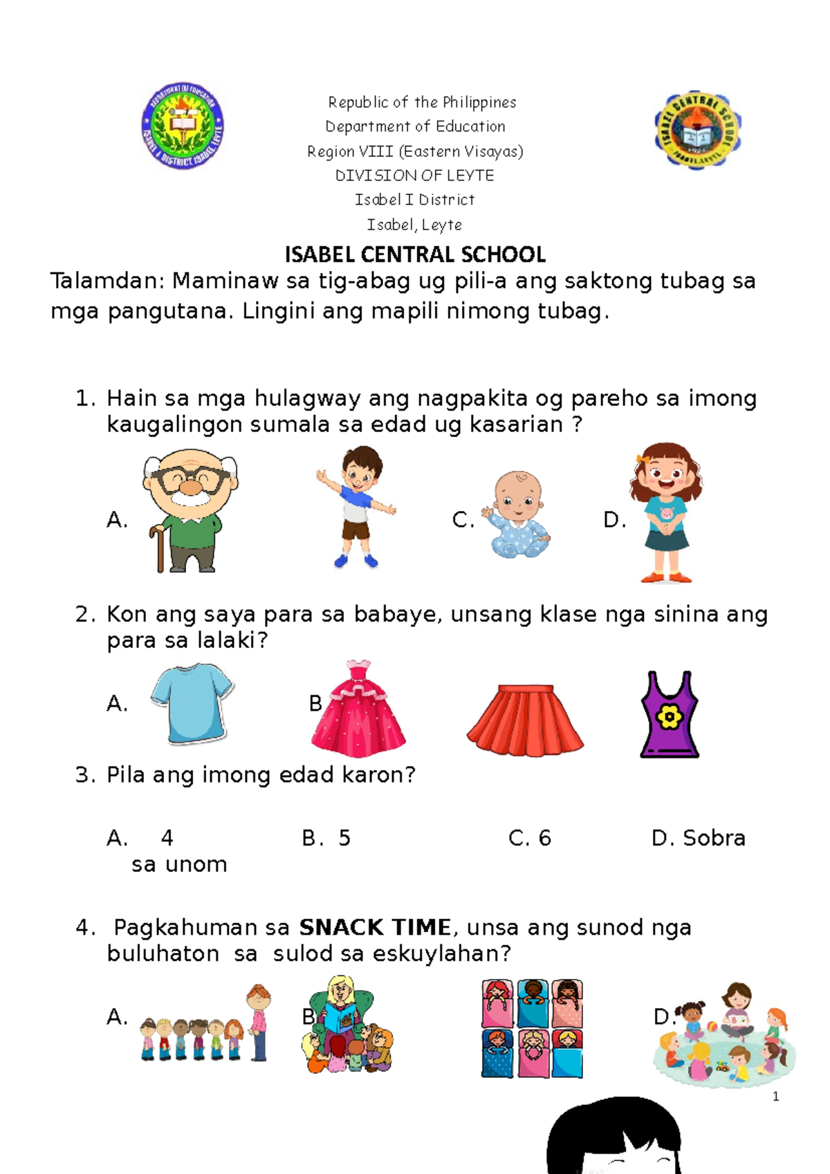 First Quarter Assessment FOR Kinder 2023 - Republic of the Philippines ...