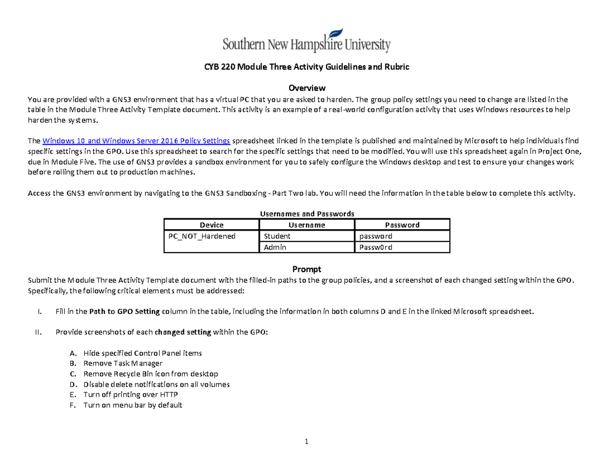 CYB 220 Module Three Activity Guidelines & GPO Configuration Rubric ...
