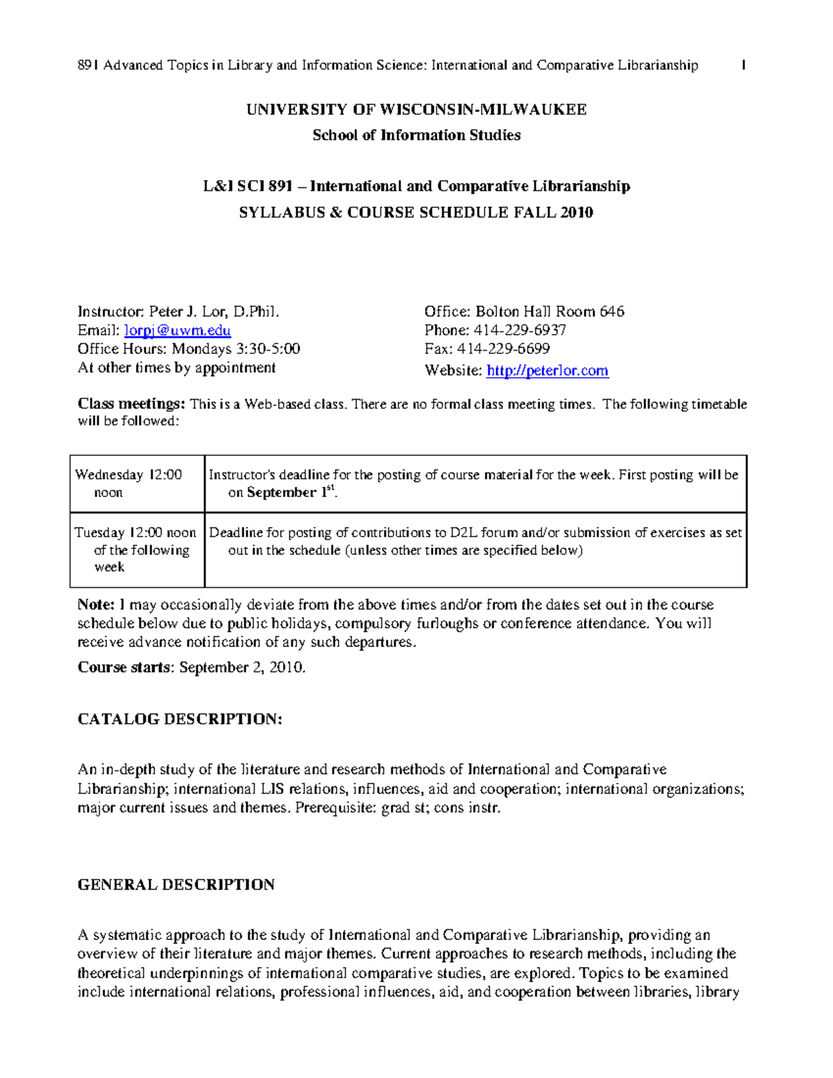 Lis 891 syllabus int comp lib 2010 fall final - UNIVERSITY OF WISCONSIN-MILWAUKEE School of ...