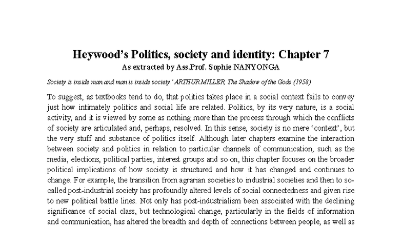 Politics and Society: Chapter 7 - Identity Politics Class Notes - Studocu