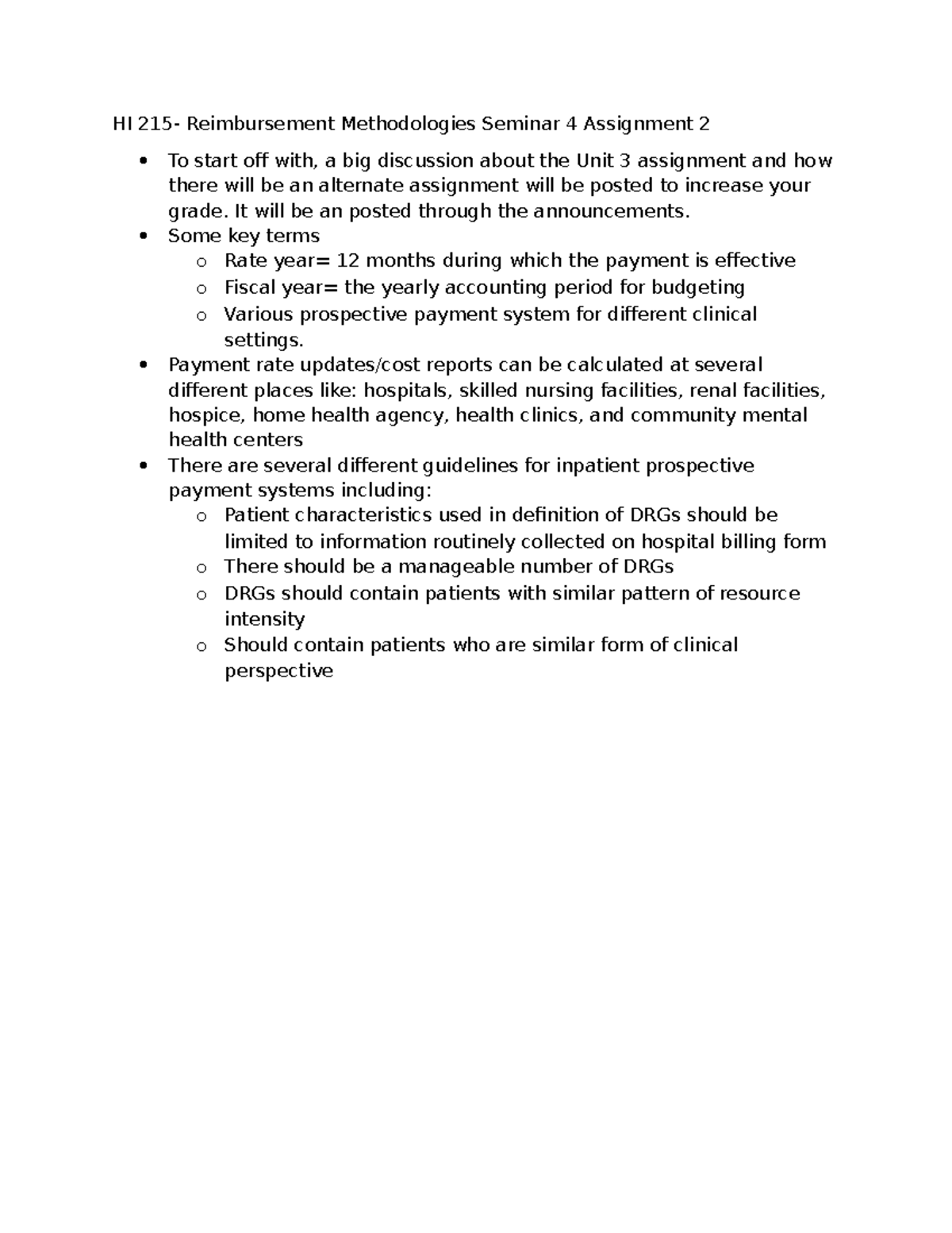 HI 215 Unit 4 Seminar Assignment 2: Reimbursement Methodologies - Studocu