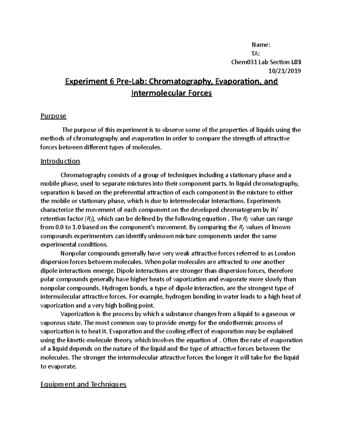 Chem031 Lab 6 Pre-Lab: Chromatography, Evaporation, & Intermolecular ...