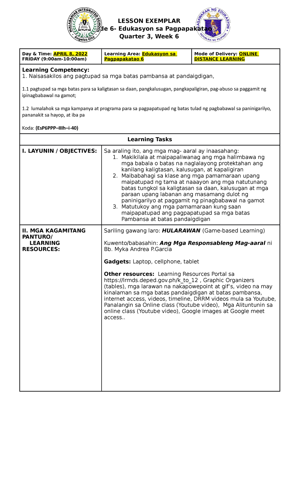 Lesson Exemplar For Grade 6 Esp Quarter 3 Week 6 By Myka Garcia Studocu