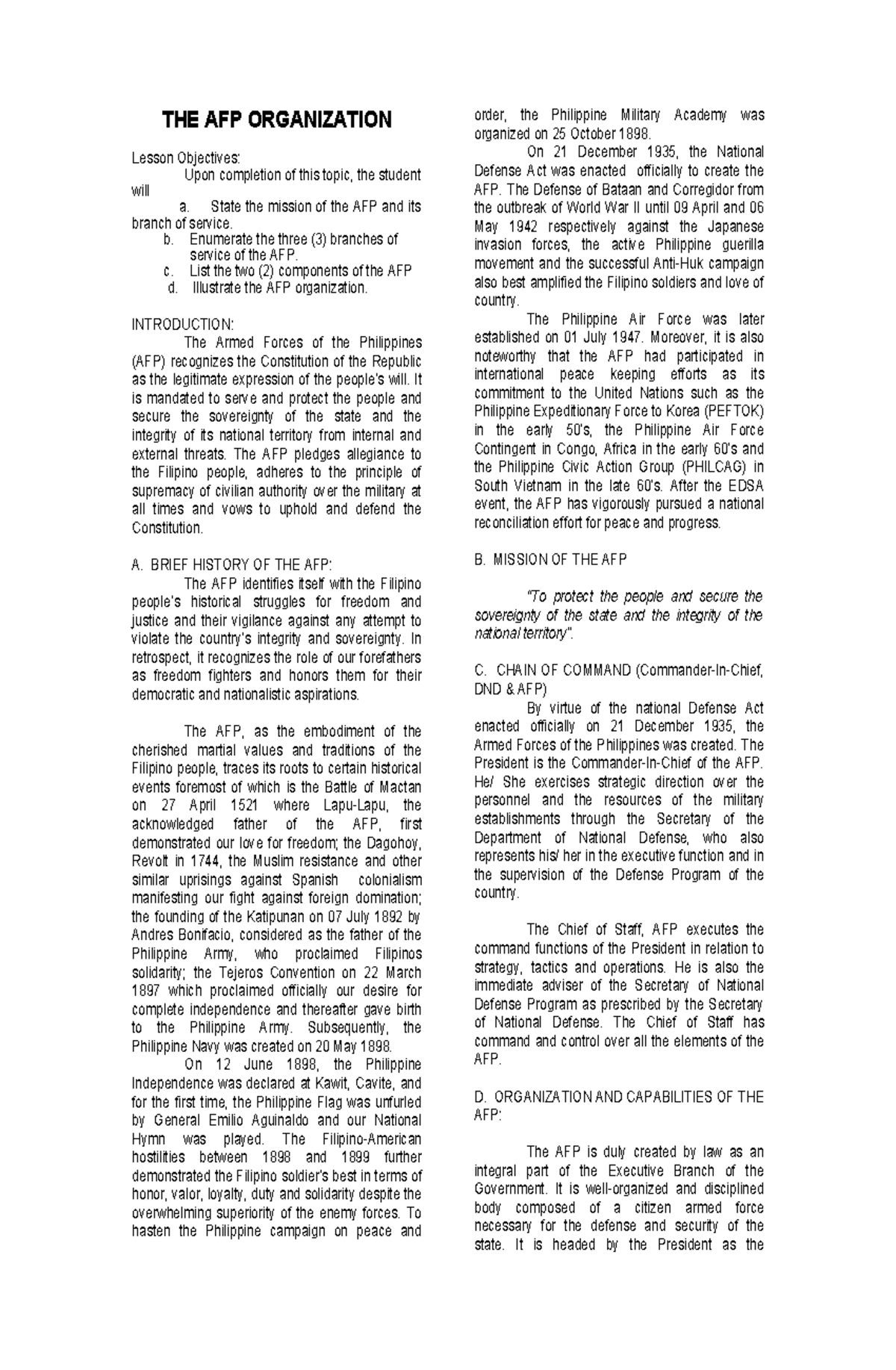 ROTC - AFP Organization and Military Courtesy Lesson Notes - Studocu