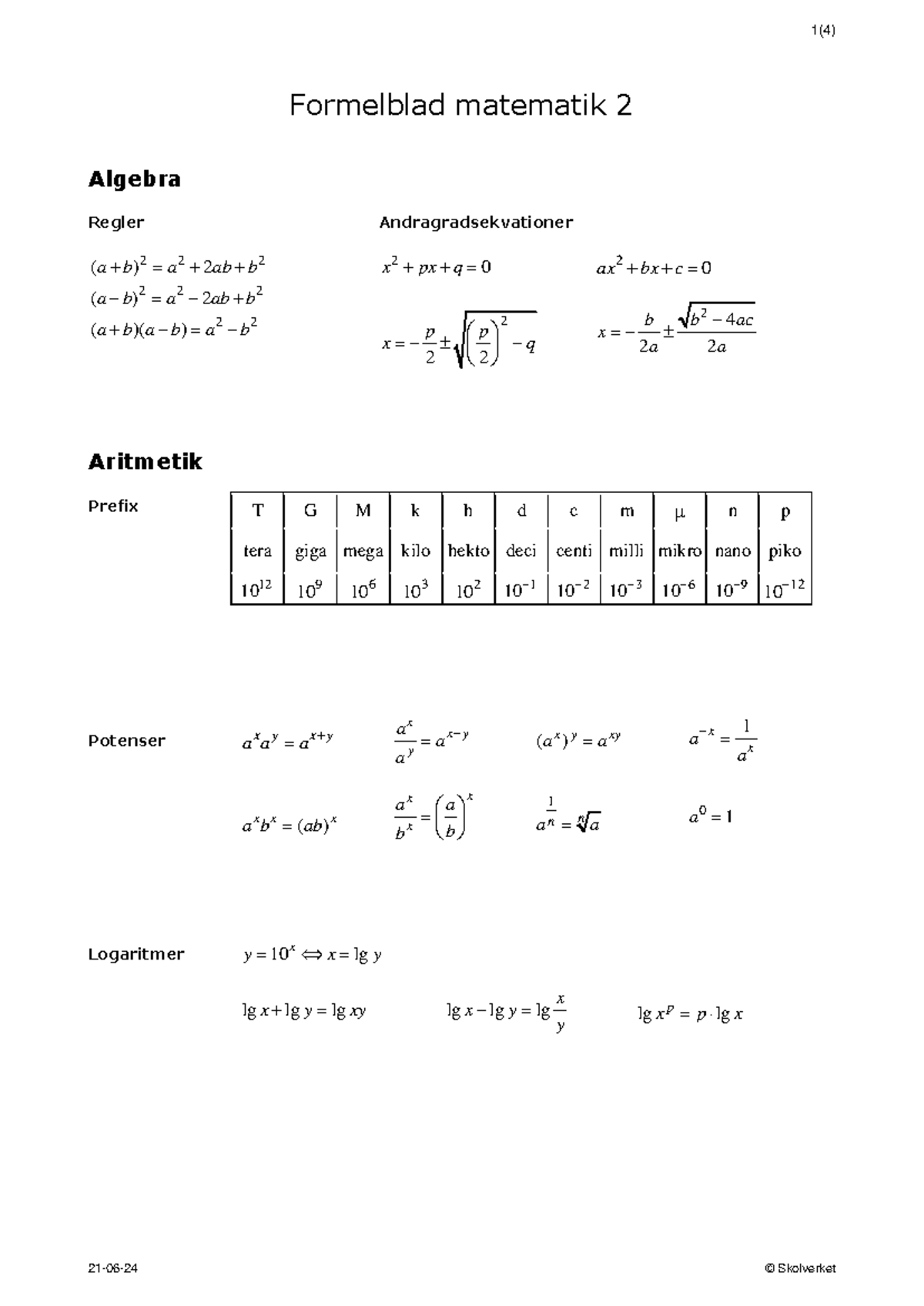 Formelblad Ma 2abc 2021 - Formelblad matematik 2 Algebra Regler Andragradsekvationer ( a + b) 2 ...