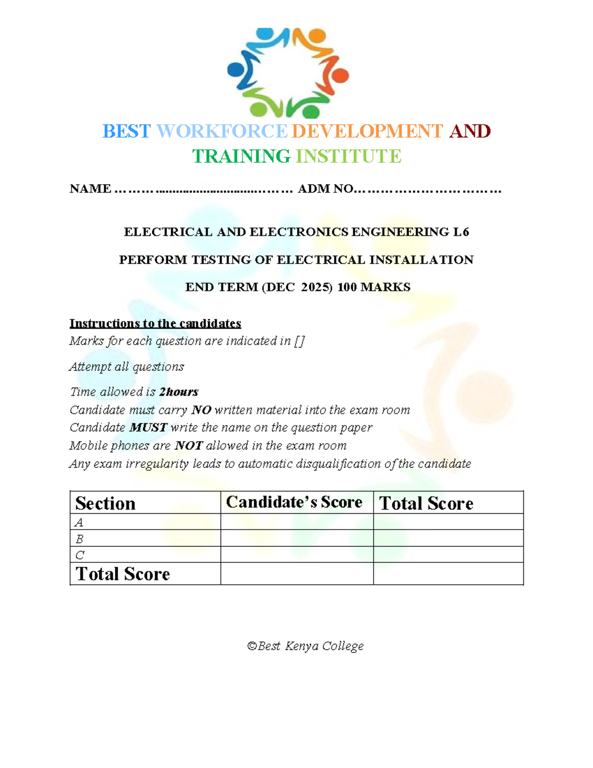 ADM Electrical & Electronics Engineering L6 End Term Exam: Testing of ...