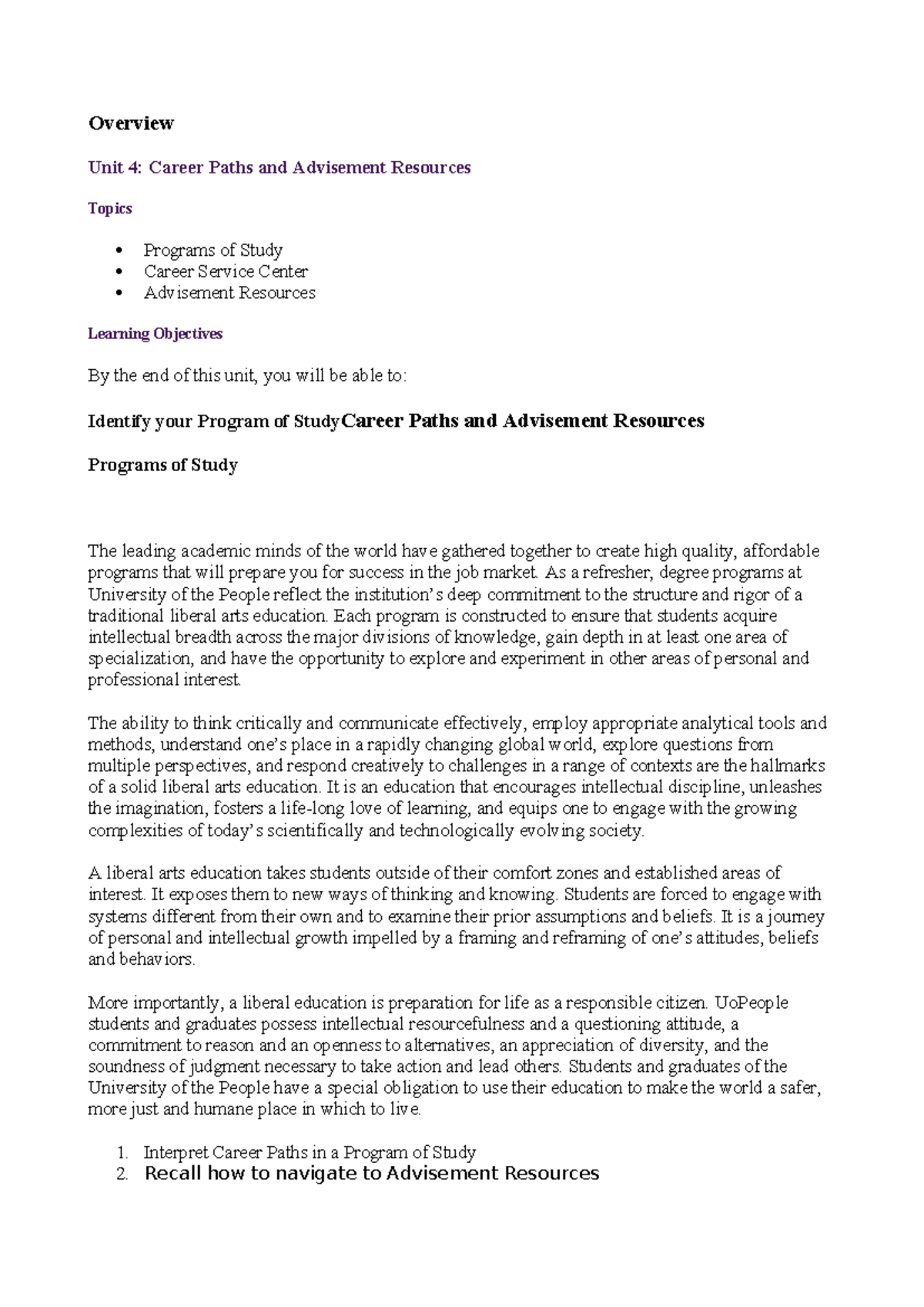 Unit 4 - Career Paths & Advisement Resources Overview - Studocu