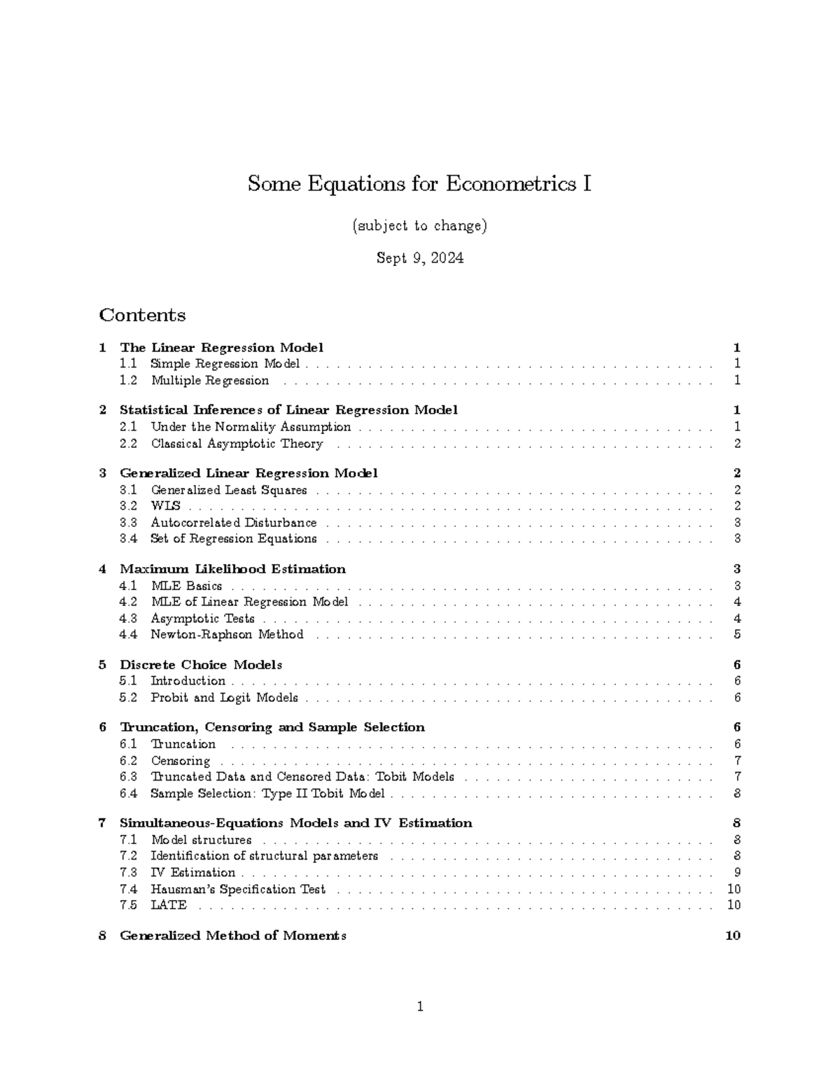 Econometrics I: Key Equations and Concepts (Sept 2024) - Studocu