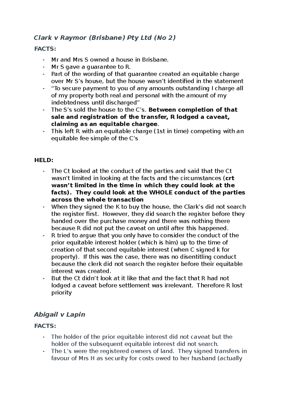Wk 6 - Case Readings - Summaries of Key Equitable Cases - Studocu