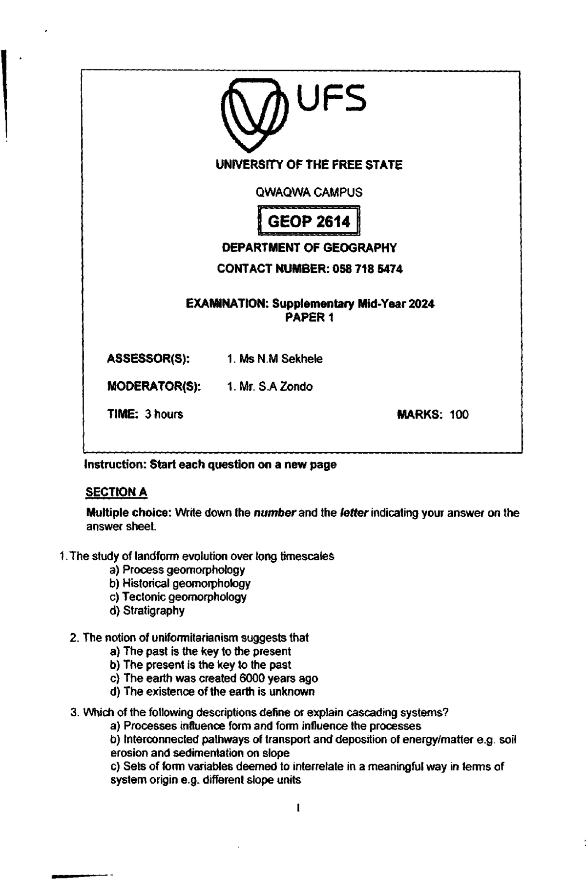 UFS GEOP 2614 Supplementary Exam Paper 1: Geomorphology Concepts 2024 ...