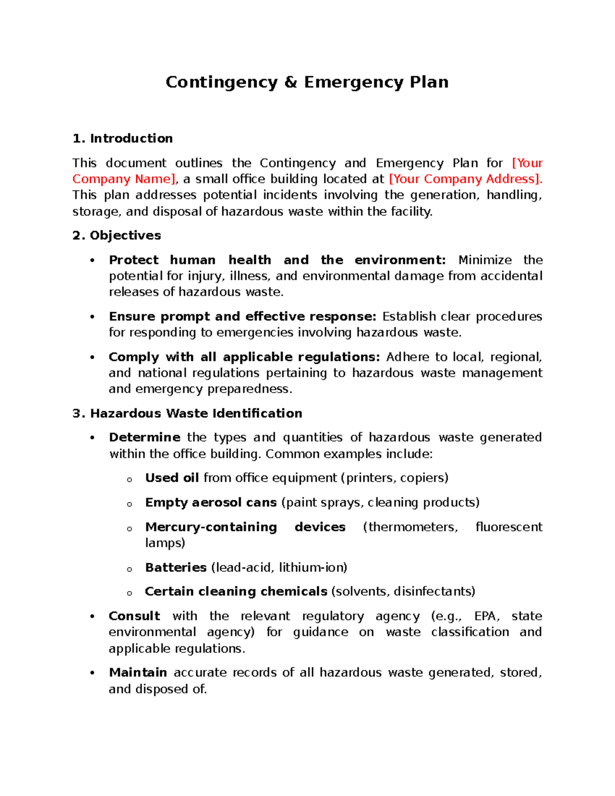 Contingency & Emergency Plan for Hazardous Waste Management - Studocu