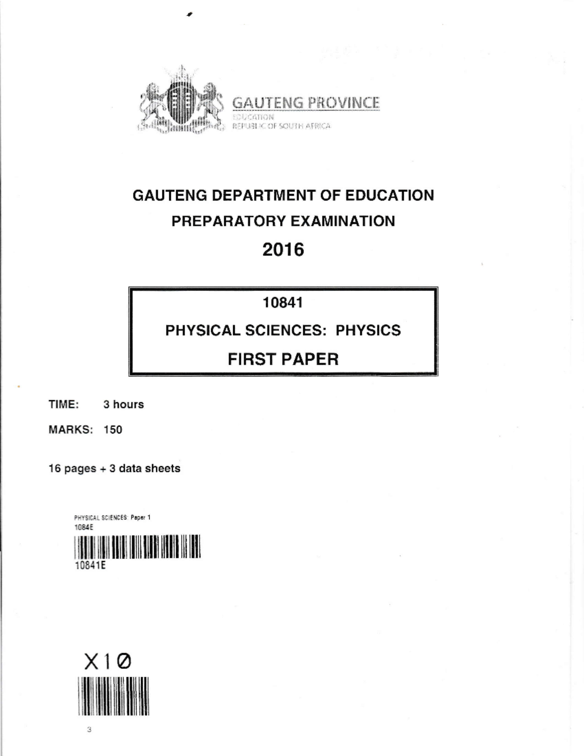 Physical Sciences Physics Exam Paper 1 (Grade 12) 10841 - Studocu
