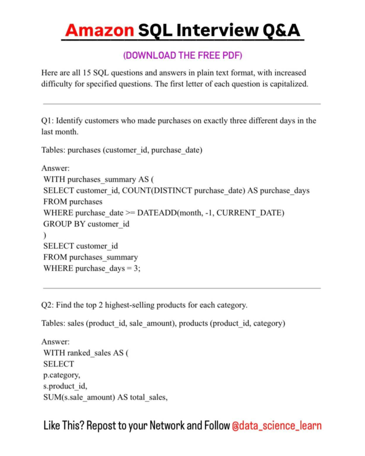 Top 15 Amazon SQL Interview Questions & Answers (DOWNLOAD PDF) - Studocu