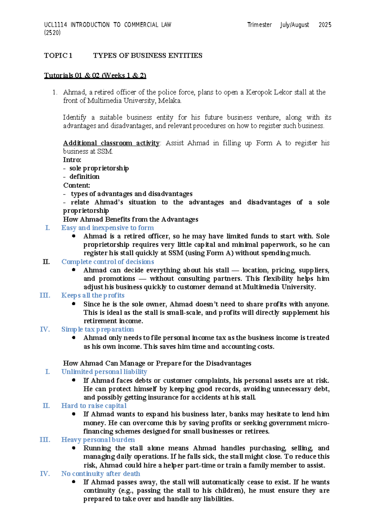 Commercial Law (2520) Tutorial: Types of Business Entities and Sole ...