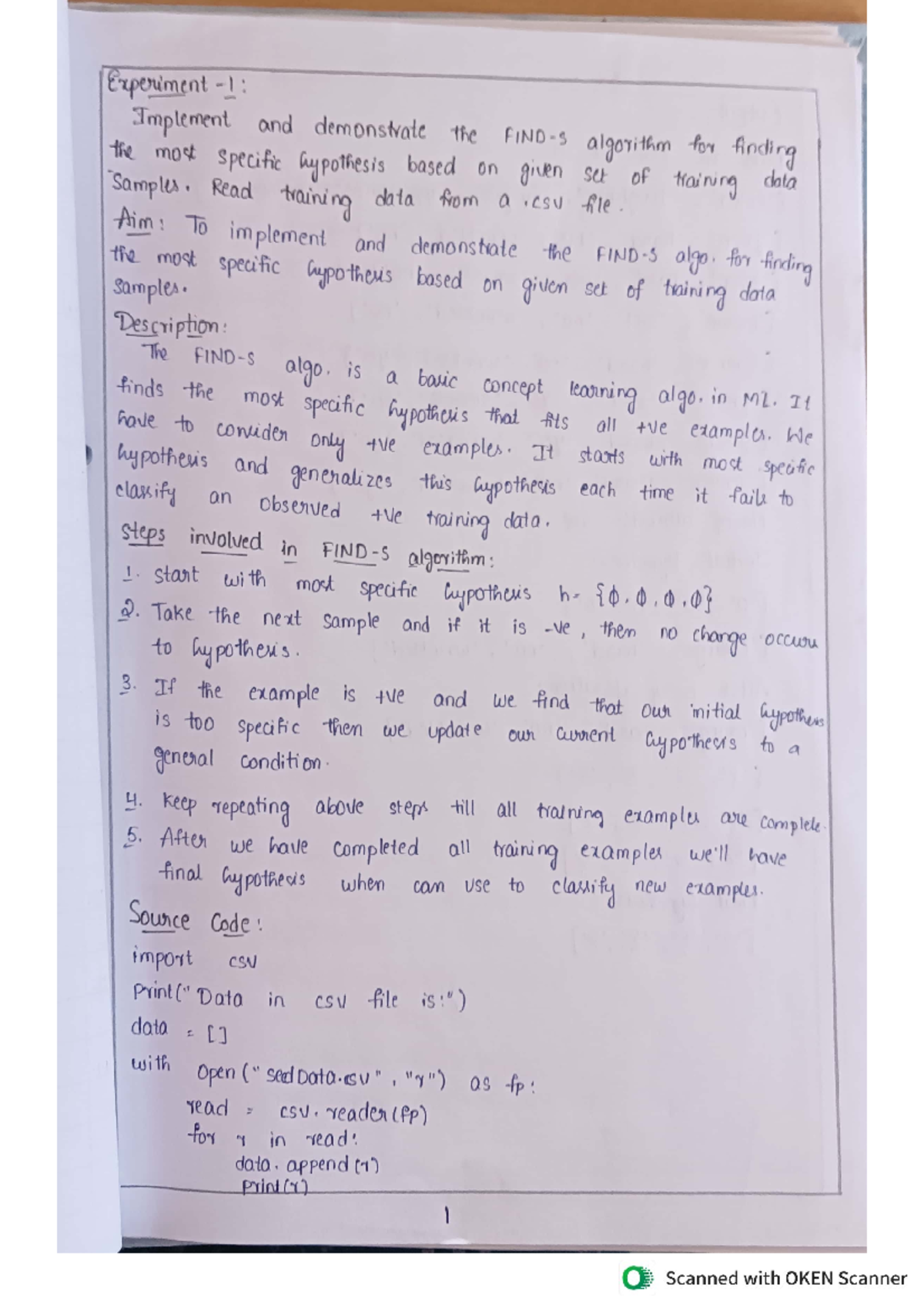 ML lab - ML LAB JNTUK R20 - Experiment Implement and demonstrate the S ...