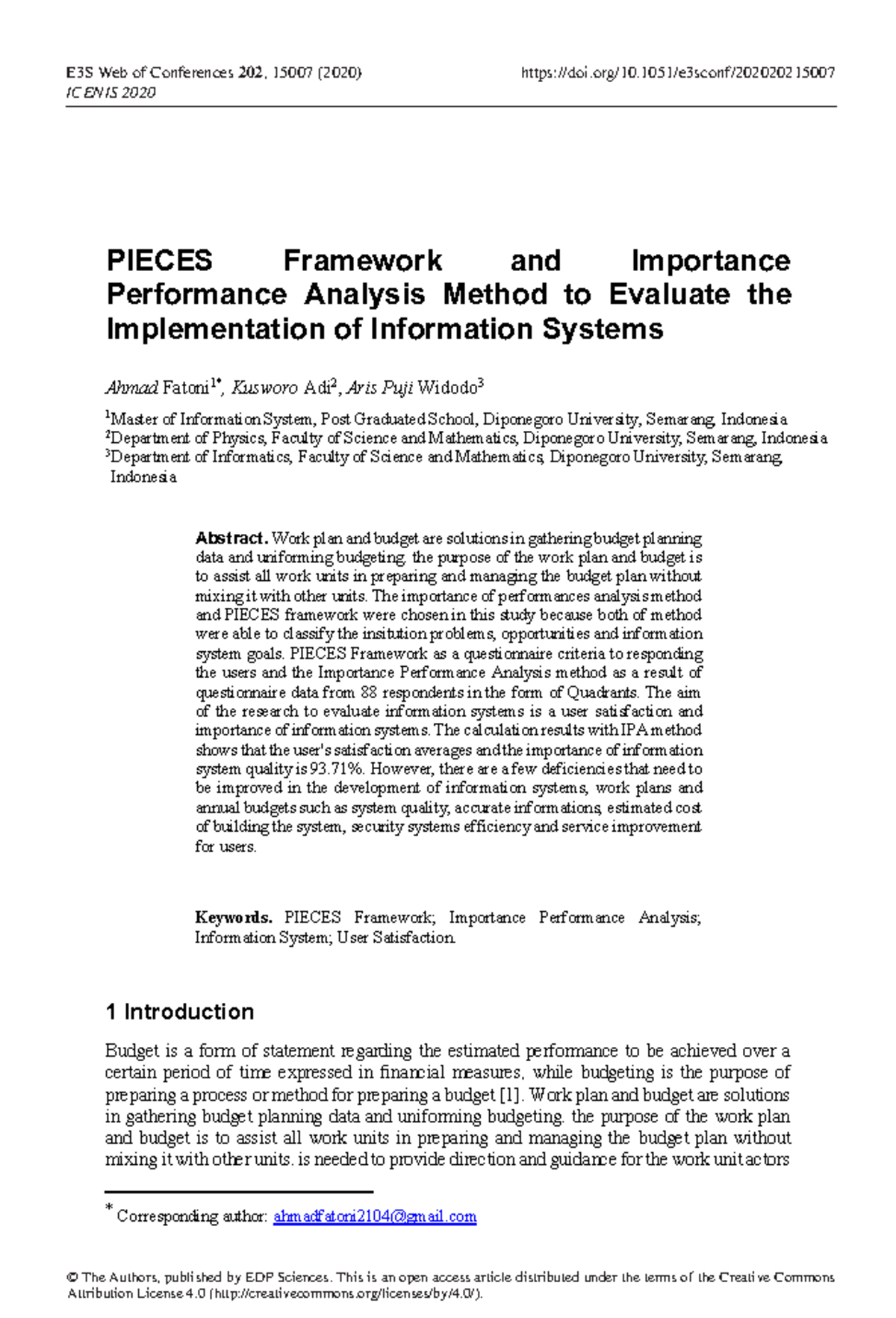 Pieces Framework and Importance Performance Analysis Method to Evaluate ...