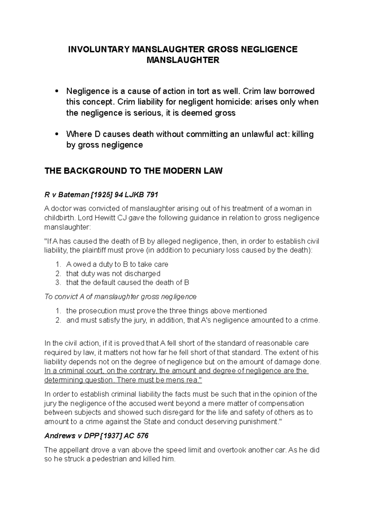 Involuntary Manslaughter & Gross Negligence: Key Legal Principles - Studocu
