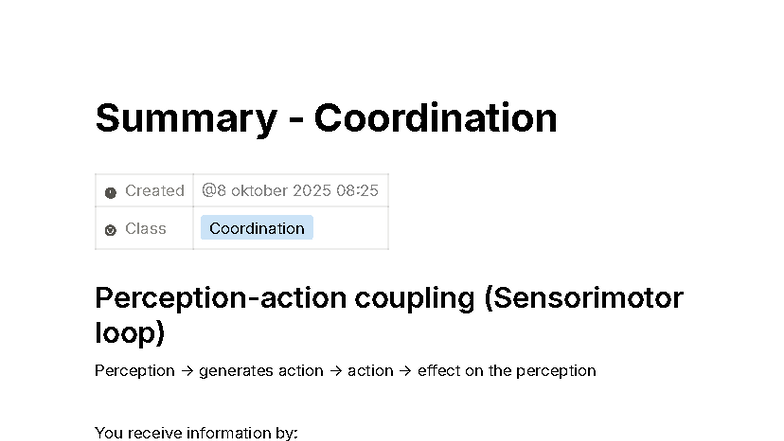 Summary Coordination: Understanding Sensorimotor Coupling and ...