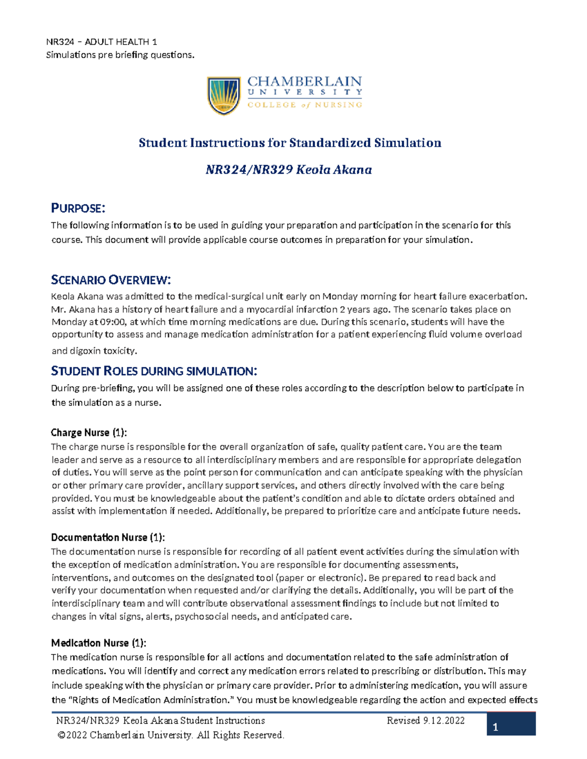 NR324/NR329 Keola Akana Simulation Pre-Briefing & Roles Documentation ...