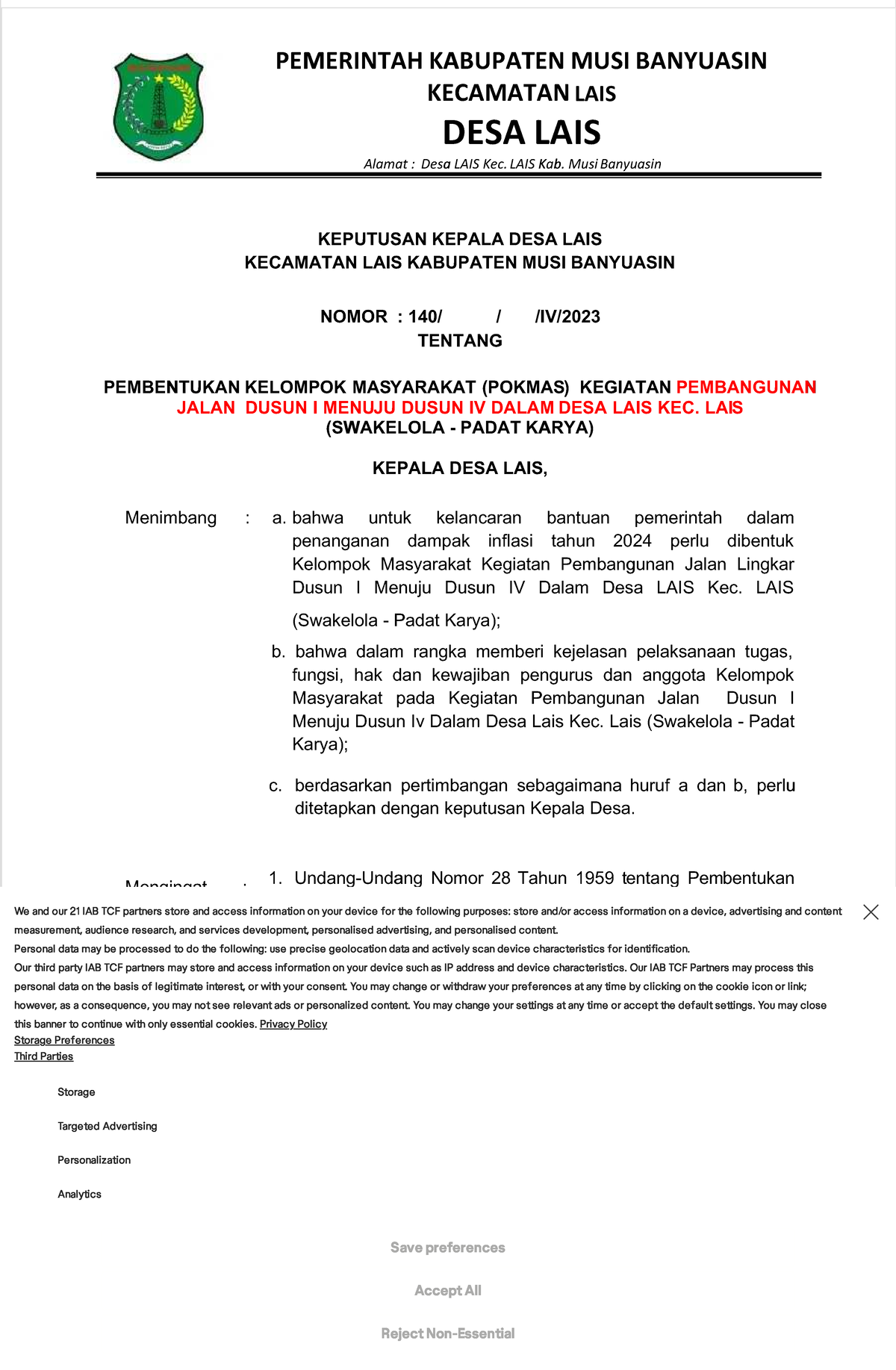 KEPUTUSAN KEPALA DESA LAIS TENTANG PEMBENTUKAN POKMAS 140/IV/2023 - Studocu