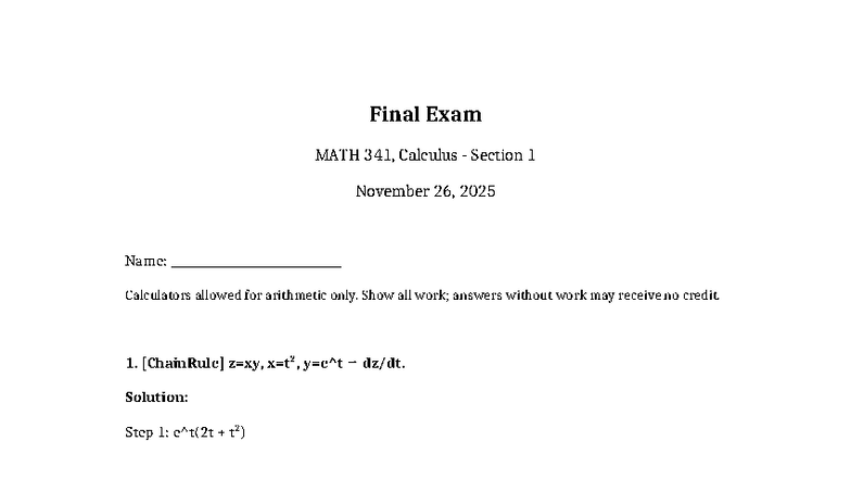 Final Exam MATH 341: Calculus Section 1 Solutions - Studocu