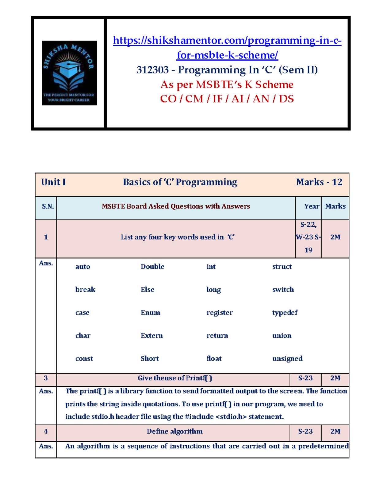QA-UNIT-–I-Basics-of-‘C-Programming - shikshamentor/programming-in-c- for-msbte-k-scheme/ 312303 ...