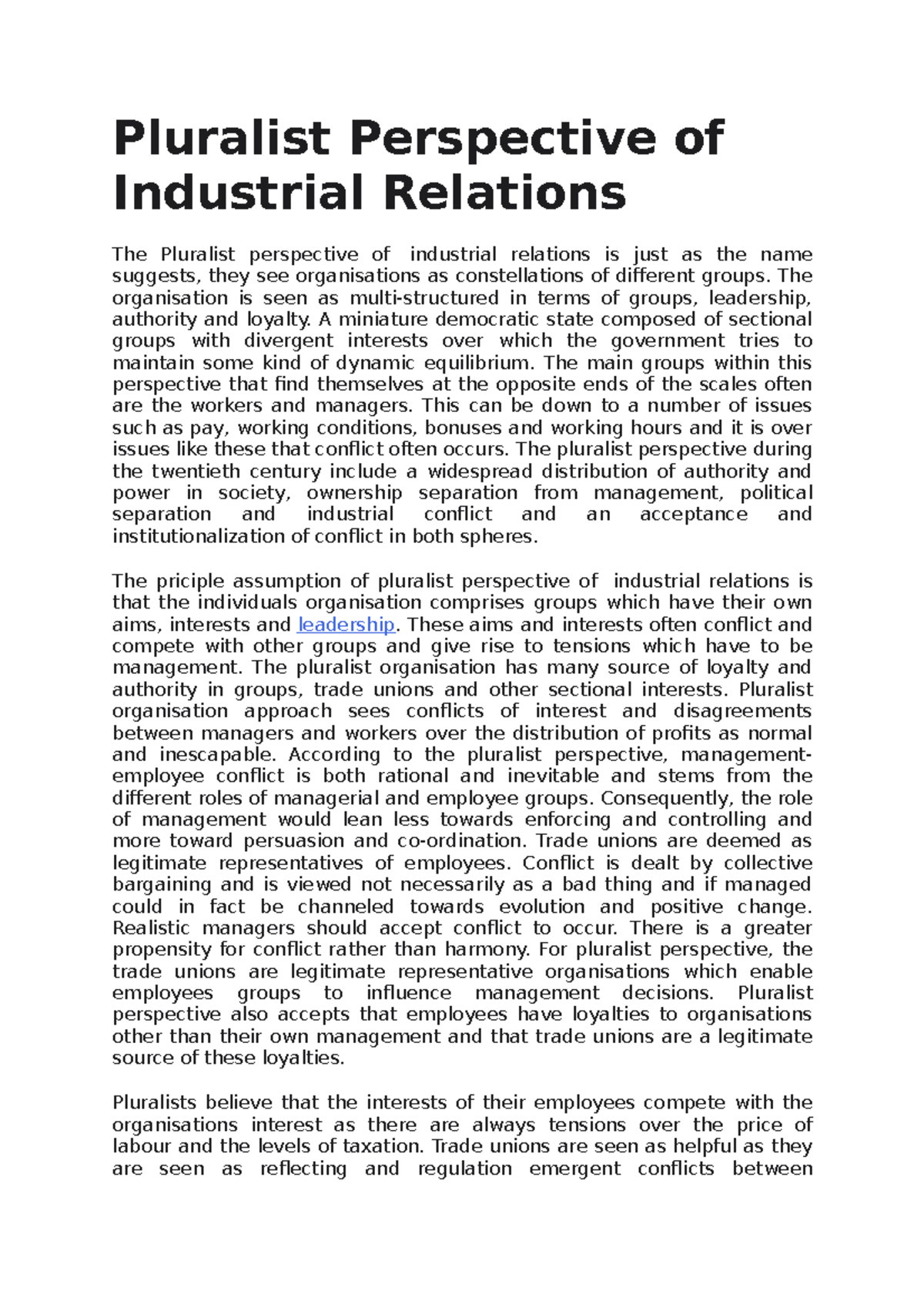 Pluralist Perspective in Industrial Relations (IR 101) - Studocu