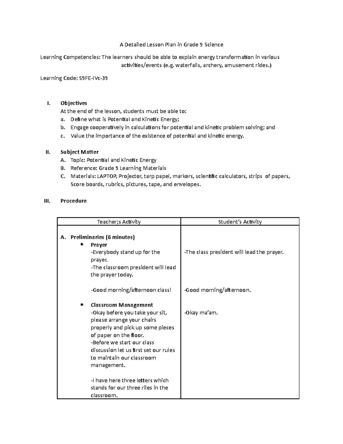 Detailed Lesson Plan for Energy Transformation in Grade 9 Science (S9FE ...