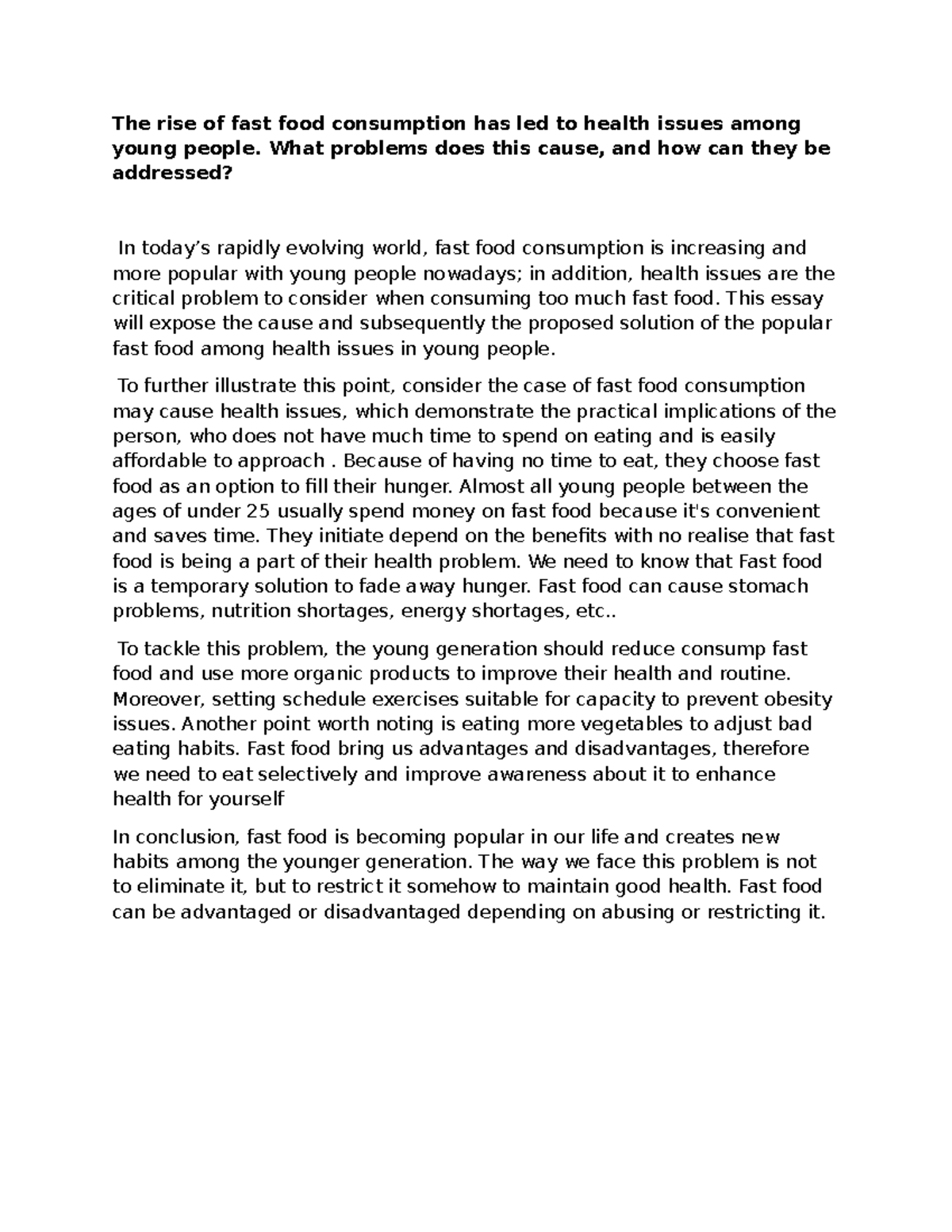 Fast Food & Health Issues in Youth: Causes and Solutions Essay - Studocu