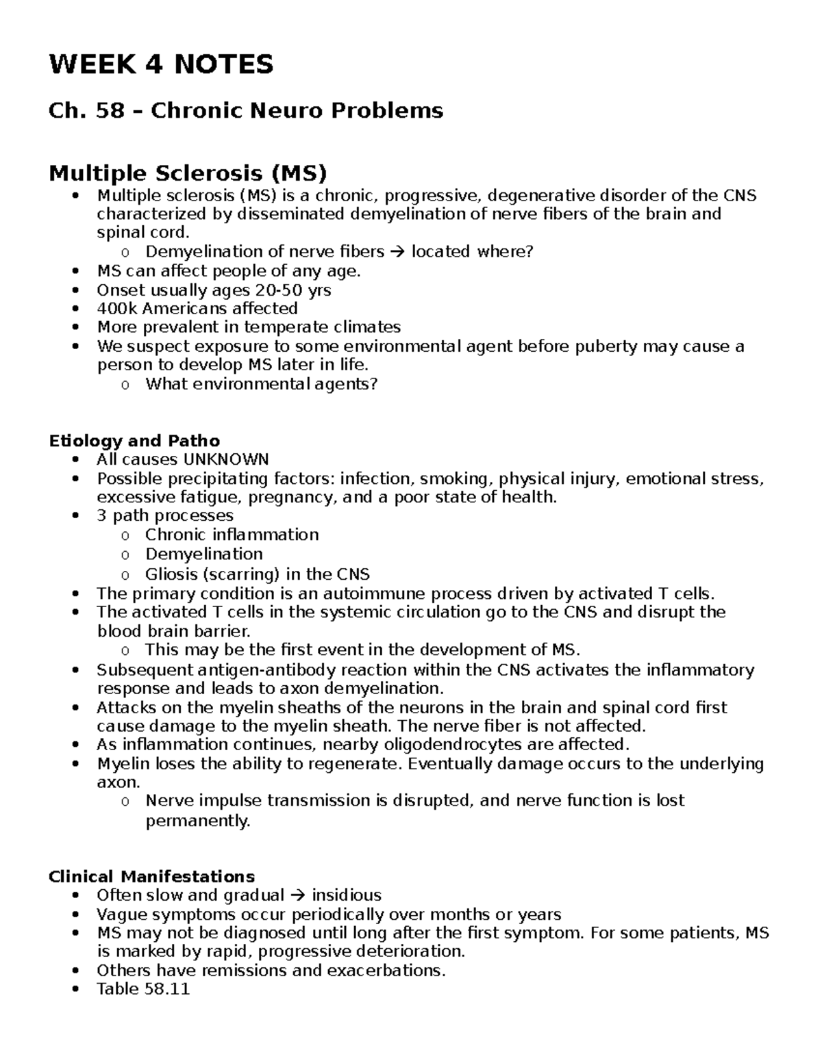 WEEK 4 Notes - neuro problems - WEEK 4 NOTES Ch. 58 – Chronic Neuro ...
