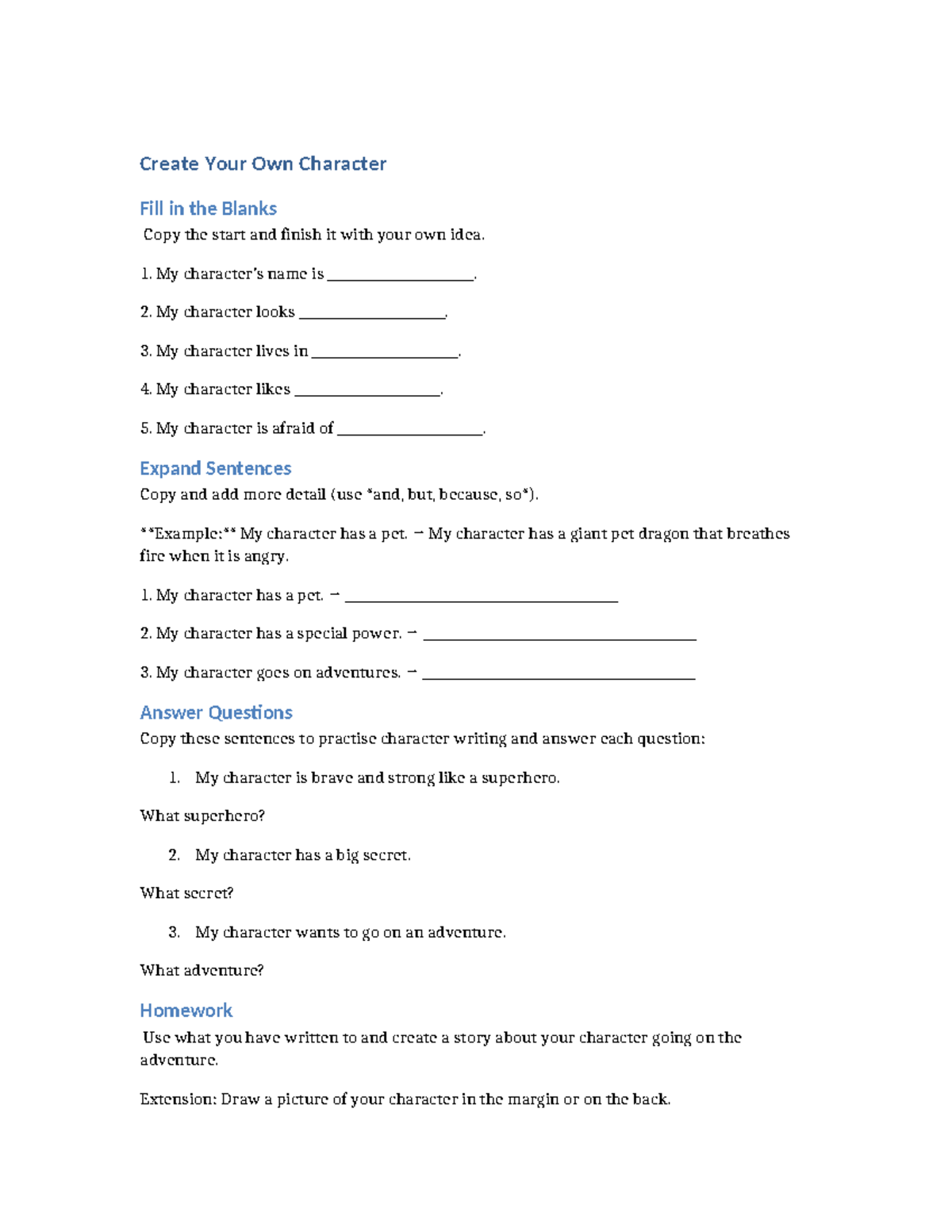 Character Writing Lesson: Create Your Own Character Adventure - Studocu